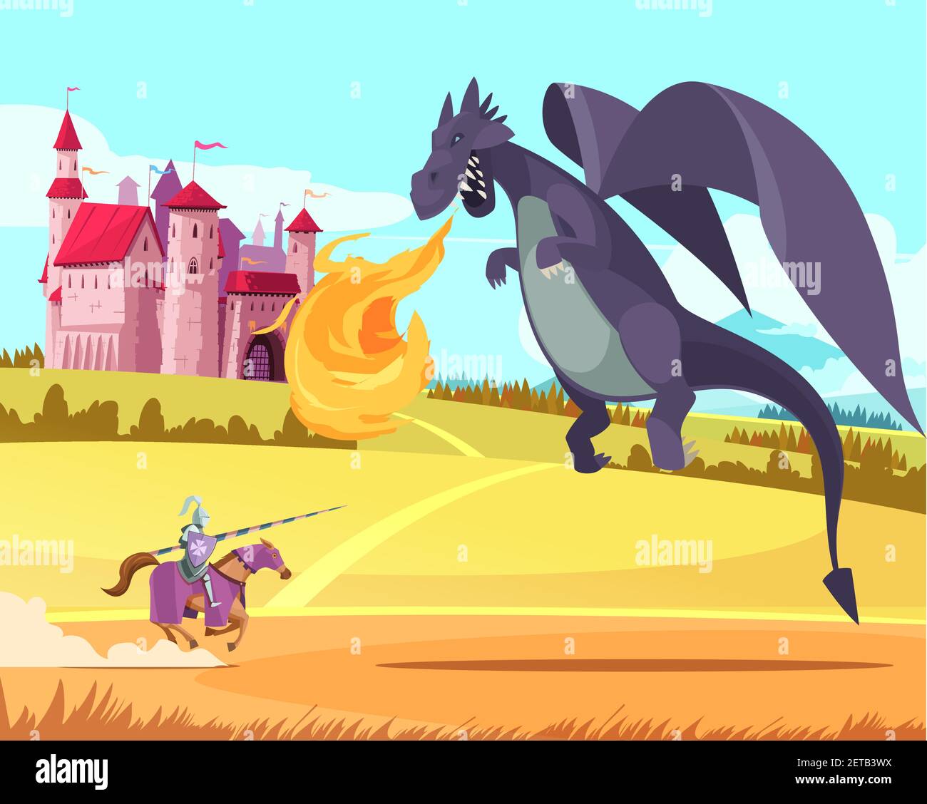 Hero knight ridder fighting fierce huge fierce dragon in front of ...