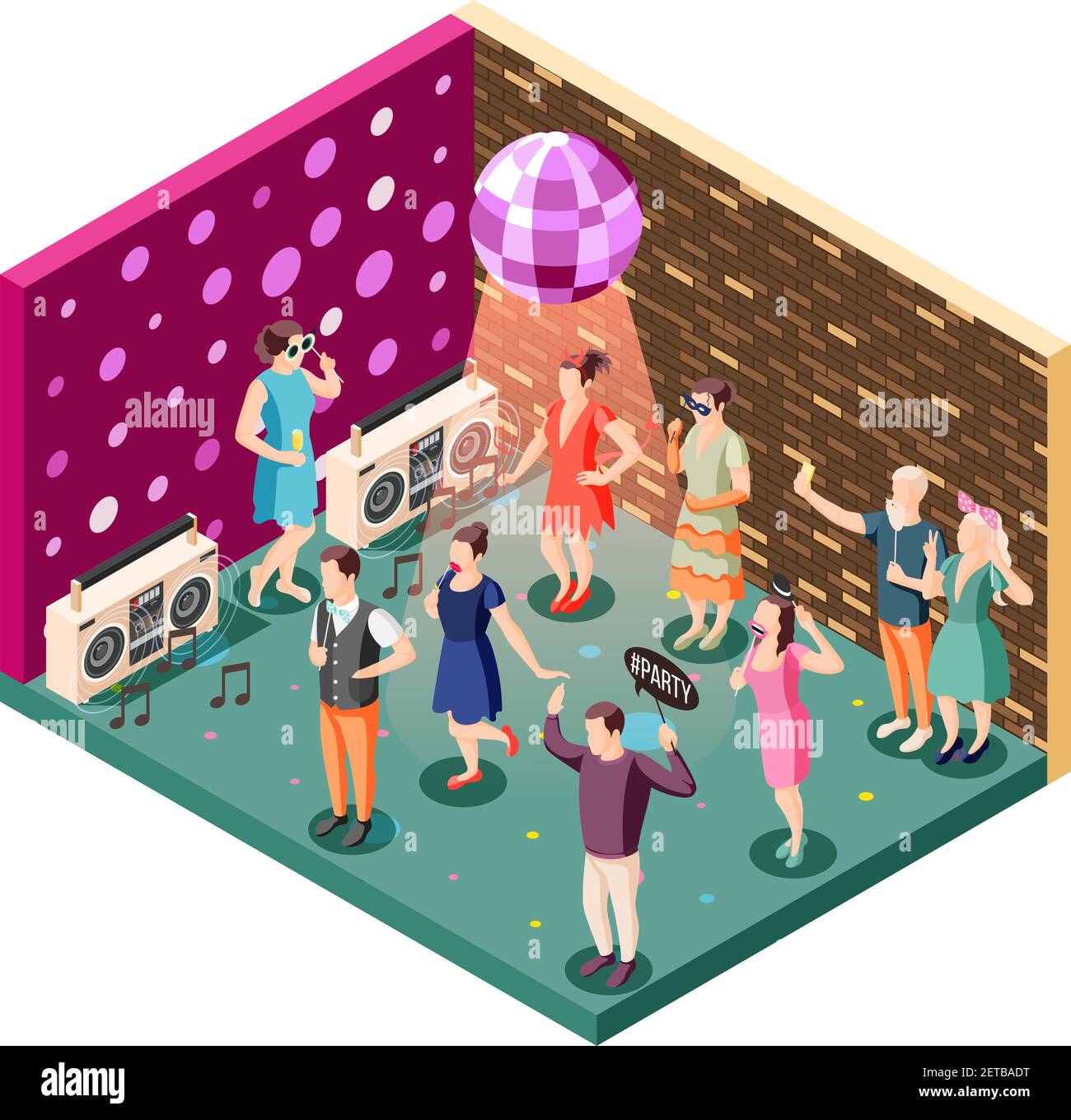 Photo booth event celebration isometric composition with disco ball ...