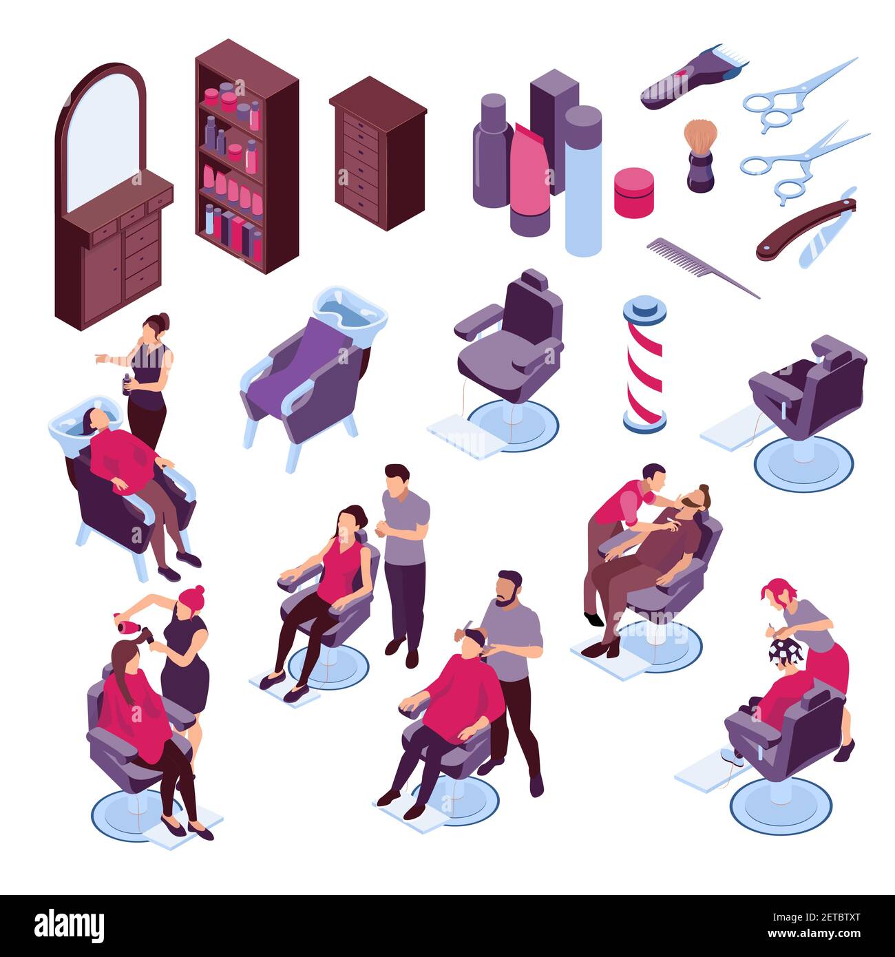 Isometric icons set with barbershop furniture tools and people coloring ...
