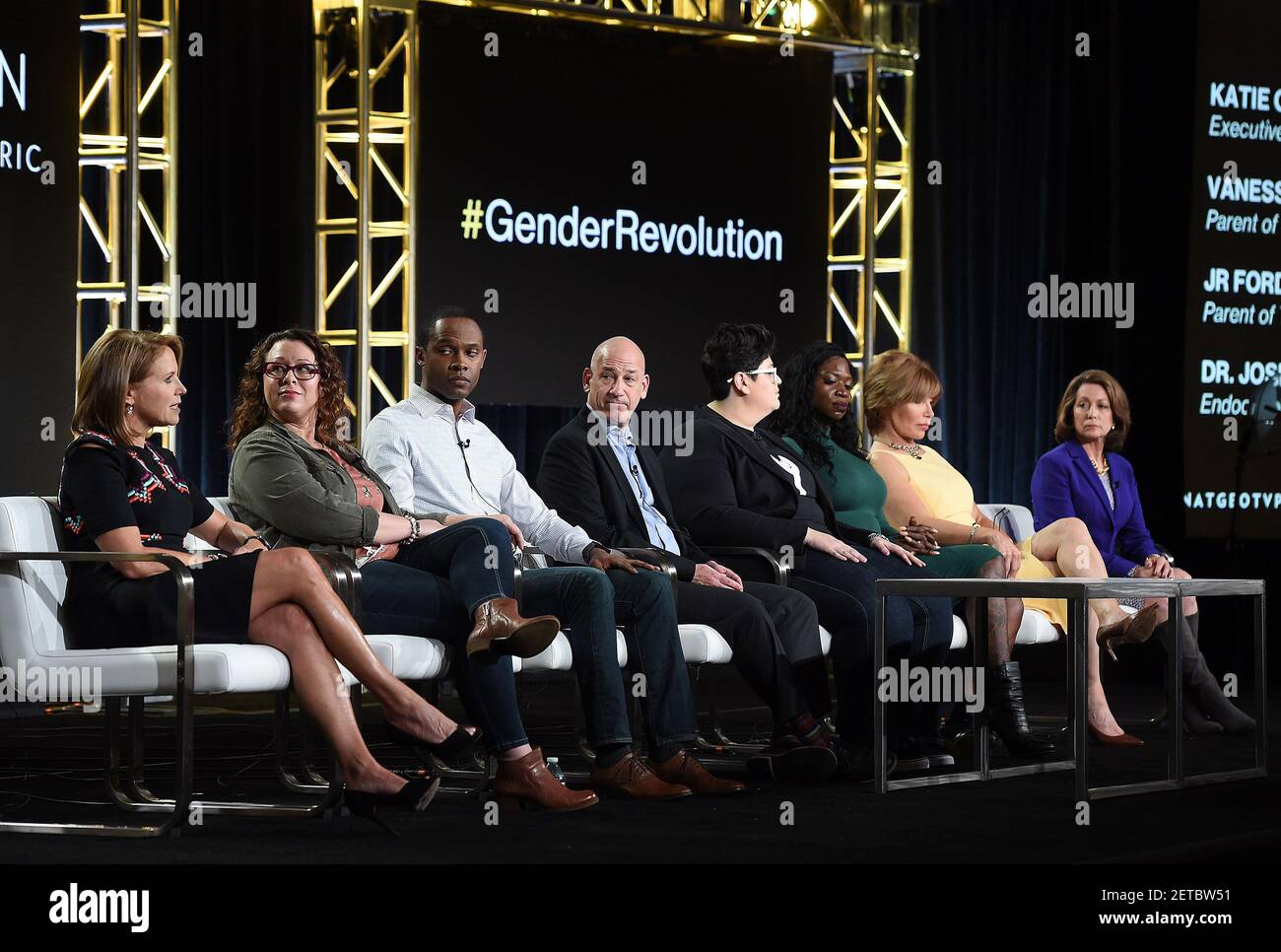 PASADENA, CA - JANUARY 13: (L-R) Host Katie Couric, Vanessa Ford, JR ...