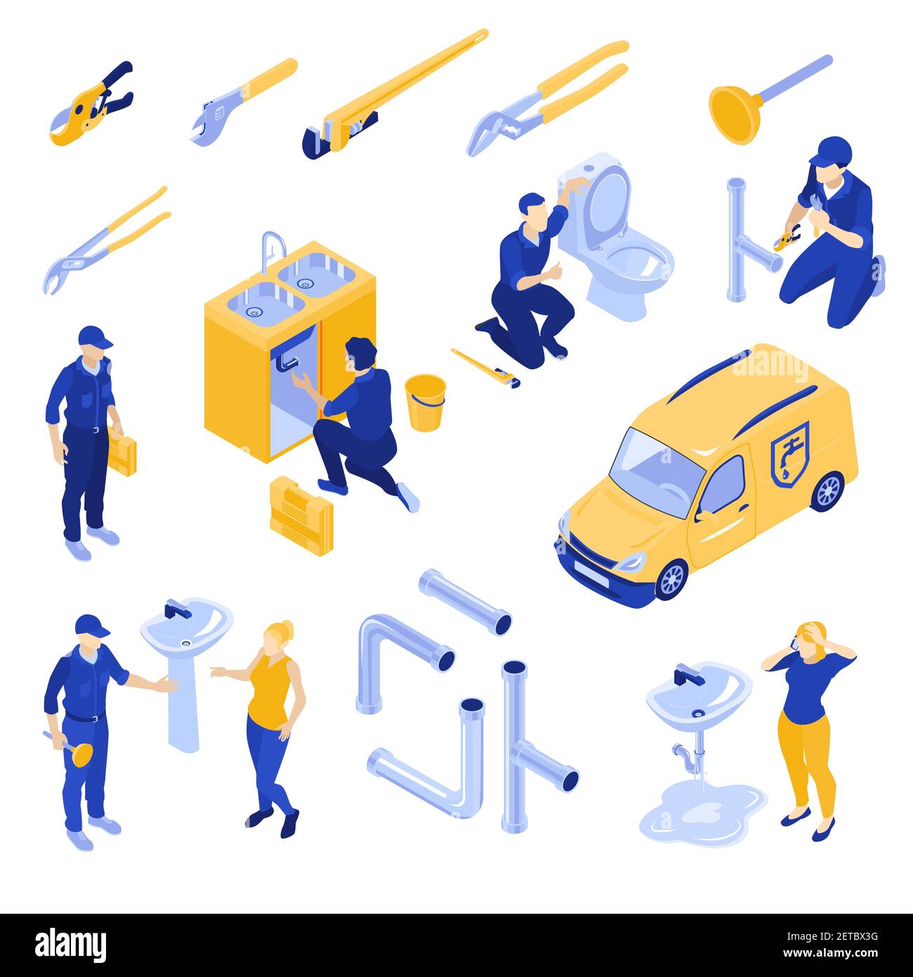 Plumbers and their equipment isometric icons set isolated on white ...