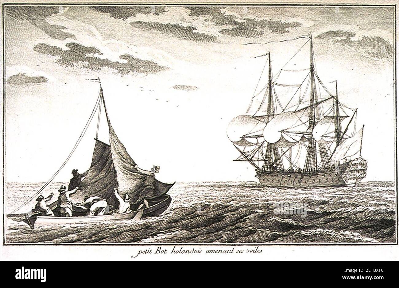 Petit bot hollandais amenant ses voiles pres d'un vaisseau de ligne ...