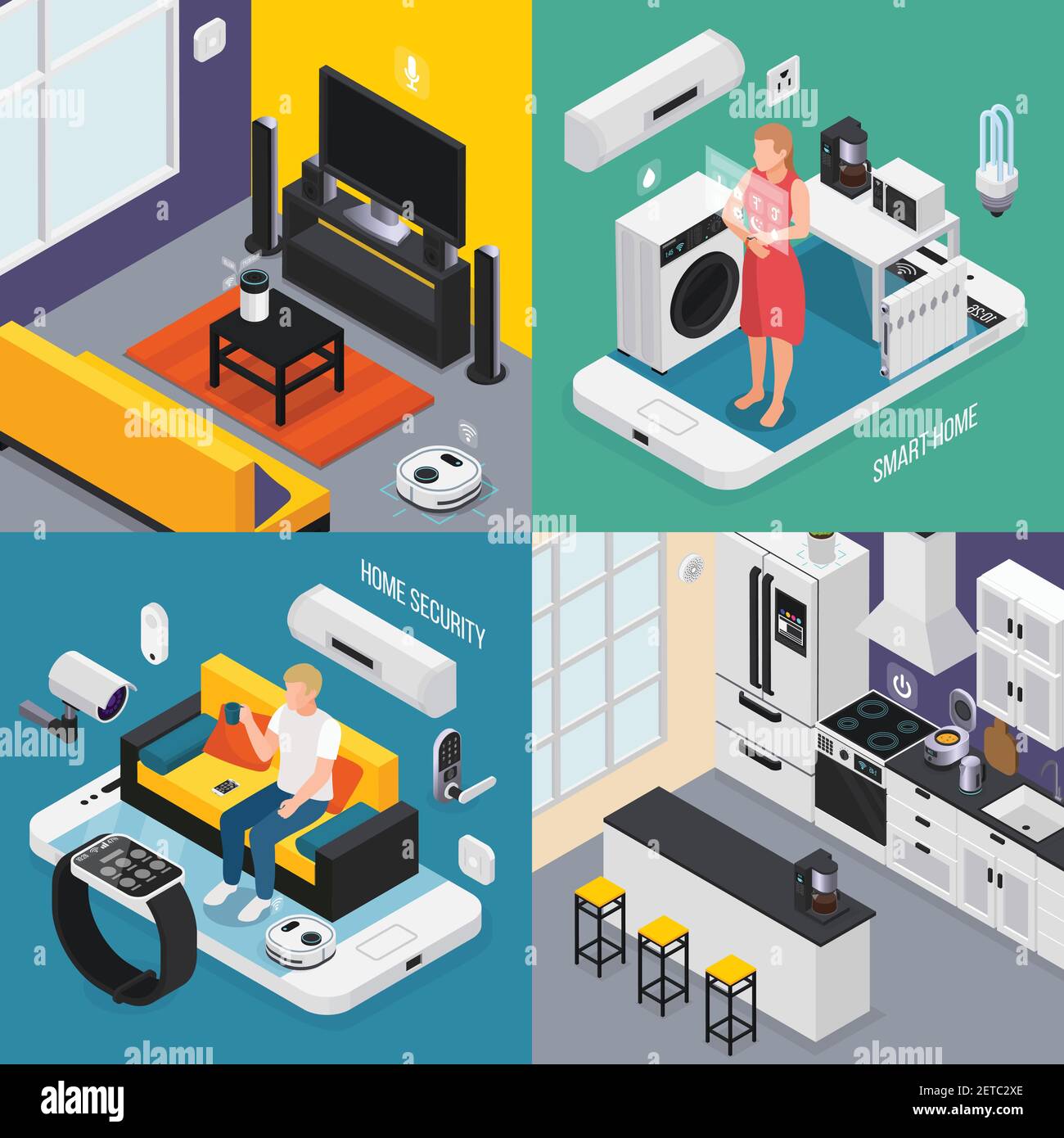 Smart home concept 4 isometric compositions with kitchen bathroom tv ...
