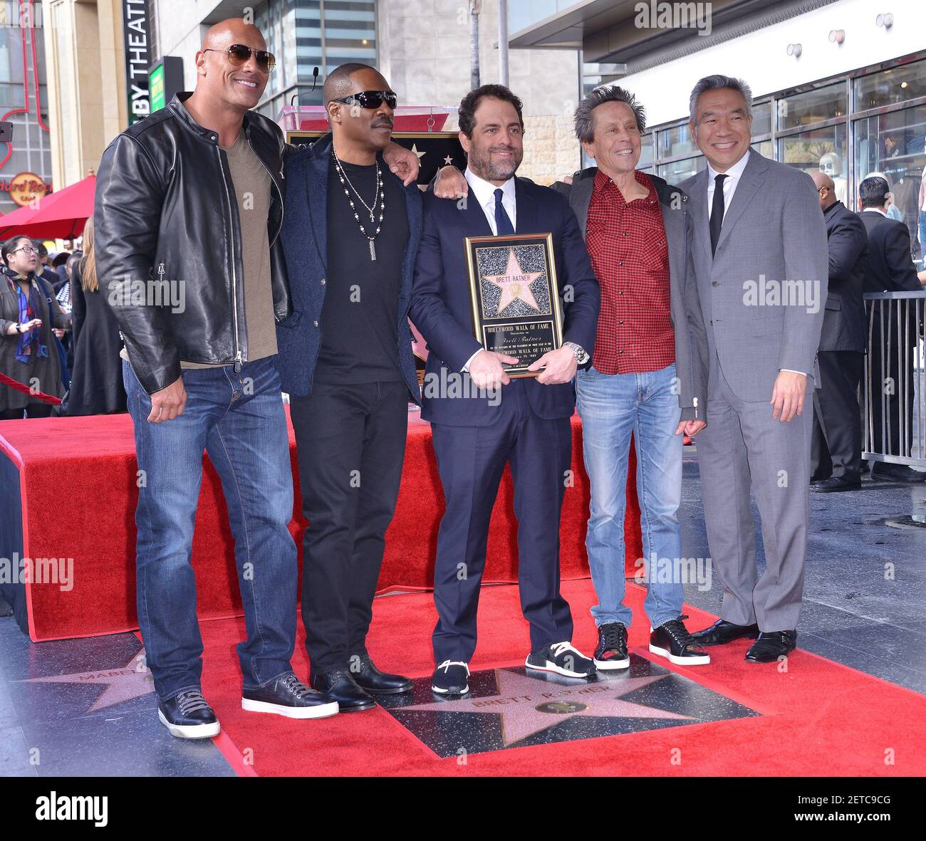 (L-R) Dwayne Johnson, Eddie Murphy, Brett Ratner, Brian Grazer and ...