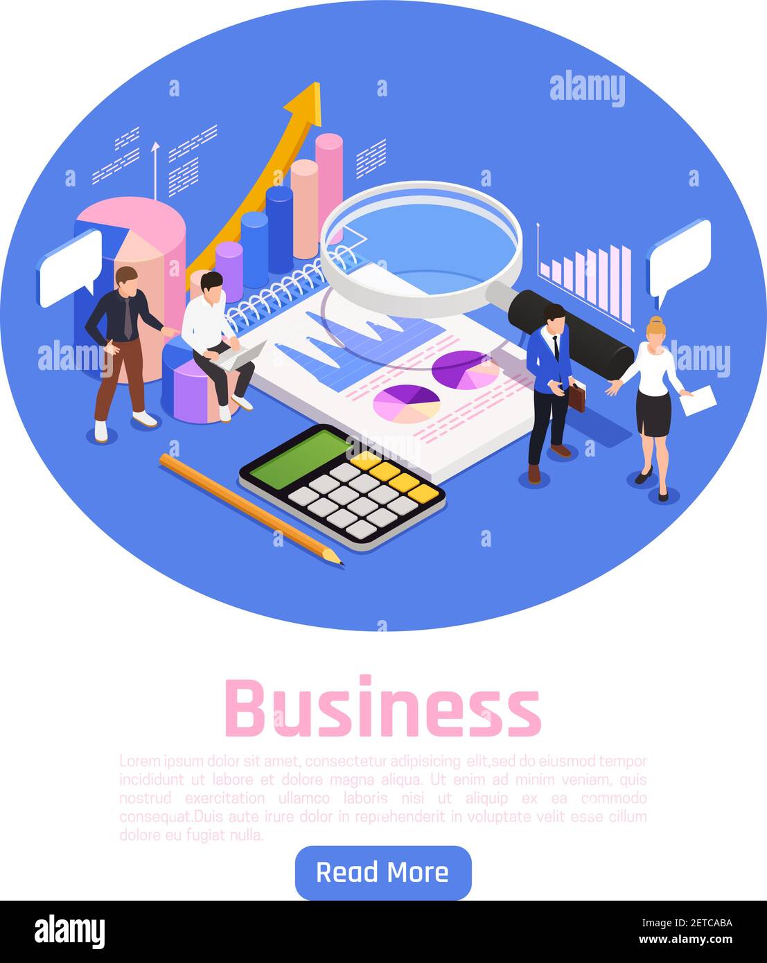 Business management isometric page design with brainstorming symbols ...