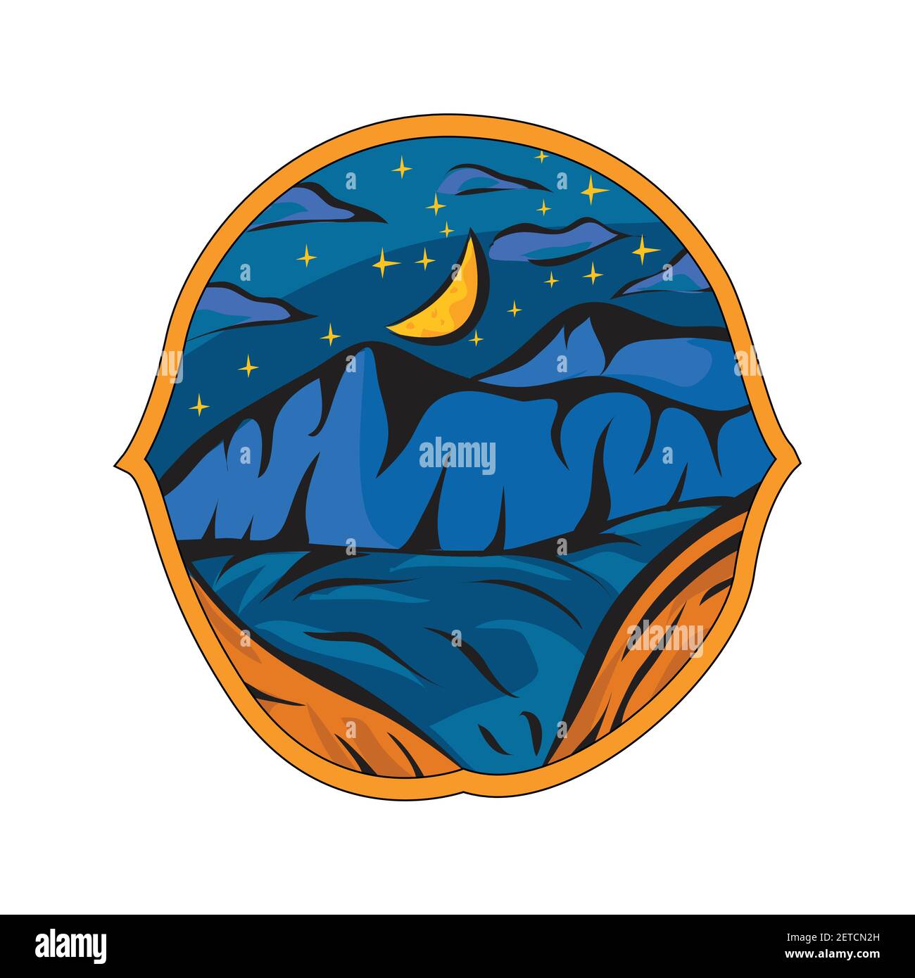 Starry night Lake badge vector. Starry view with mountain illustration ...