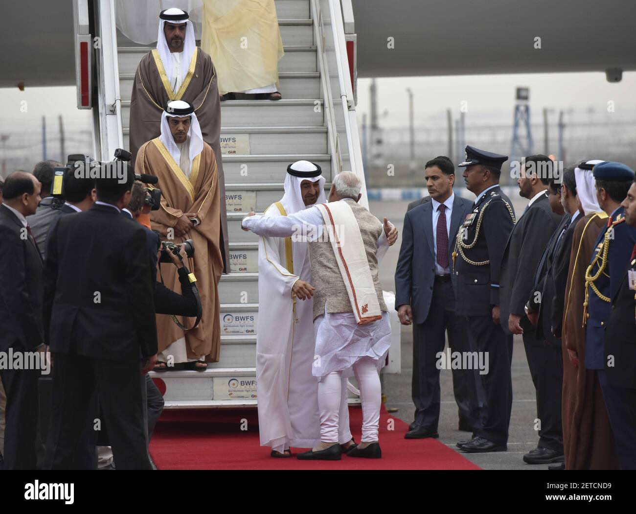 NEW DELHI, INDIA - JANUARY 24: Prime Minister Narendra Modi welcomes Crown Prince of Abu Dhabi ...