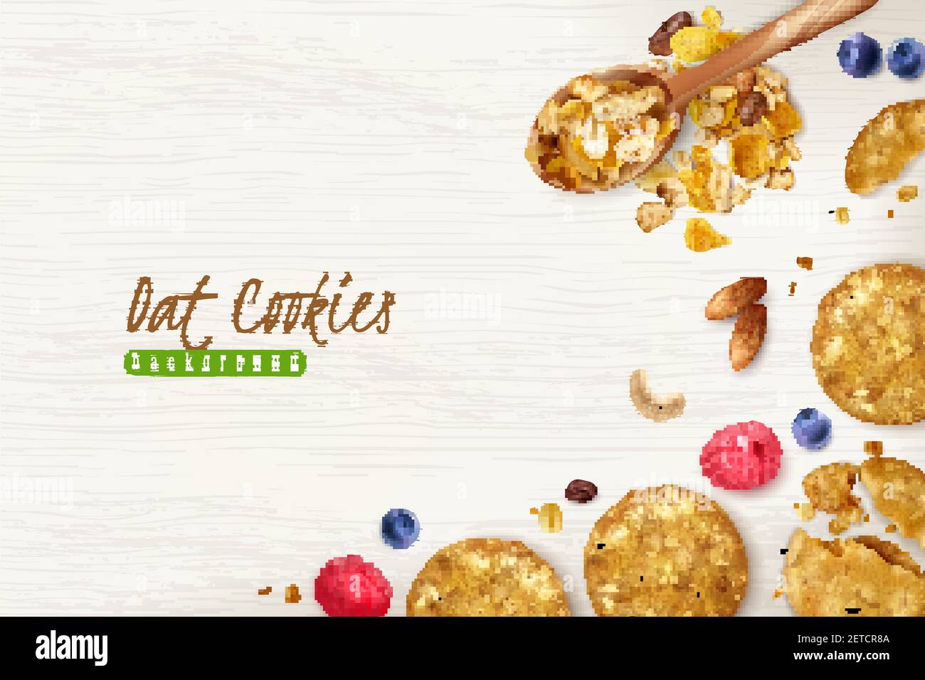 Oatmeal cookies realistic background with scattered oat flakes grains ...
