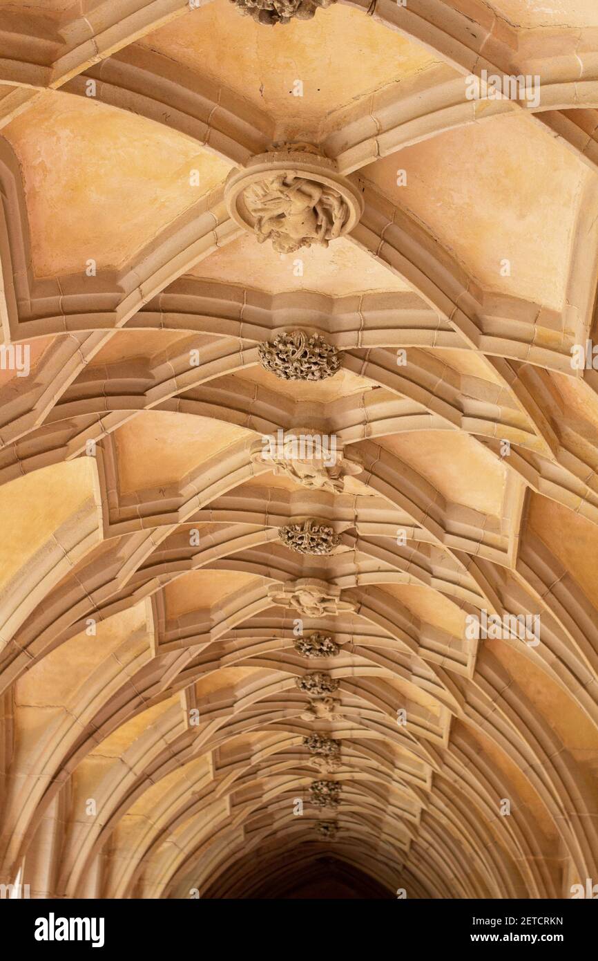 A vertical low angle of an aged building stone ceiling with ornamental ...