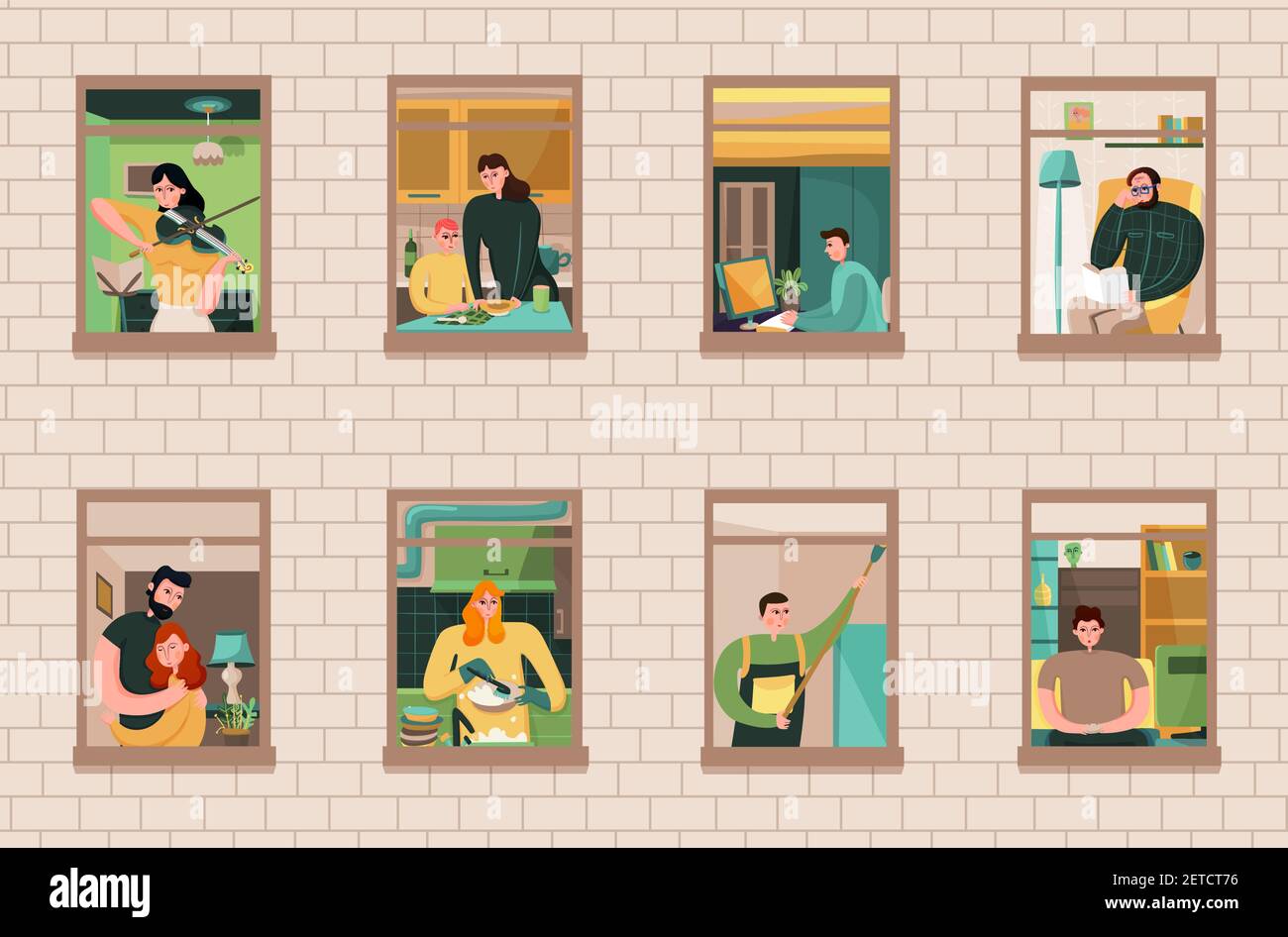 Set of neighbors during various activity in windows of house on brick ...