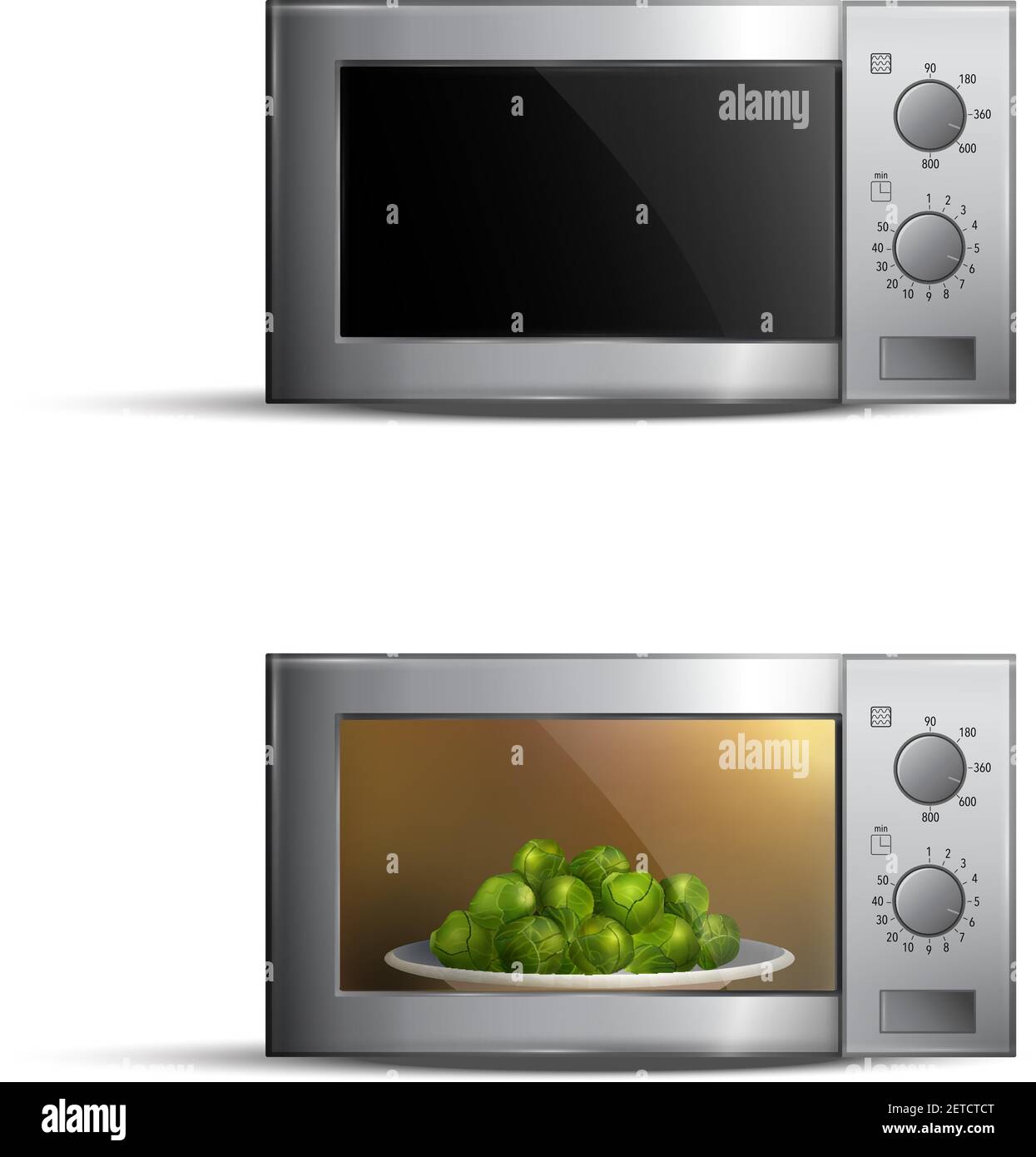 Set of realistic microwave ovens with food inside isolated on white ...