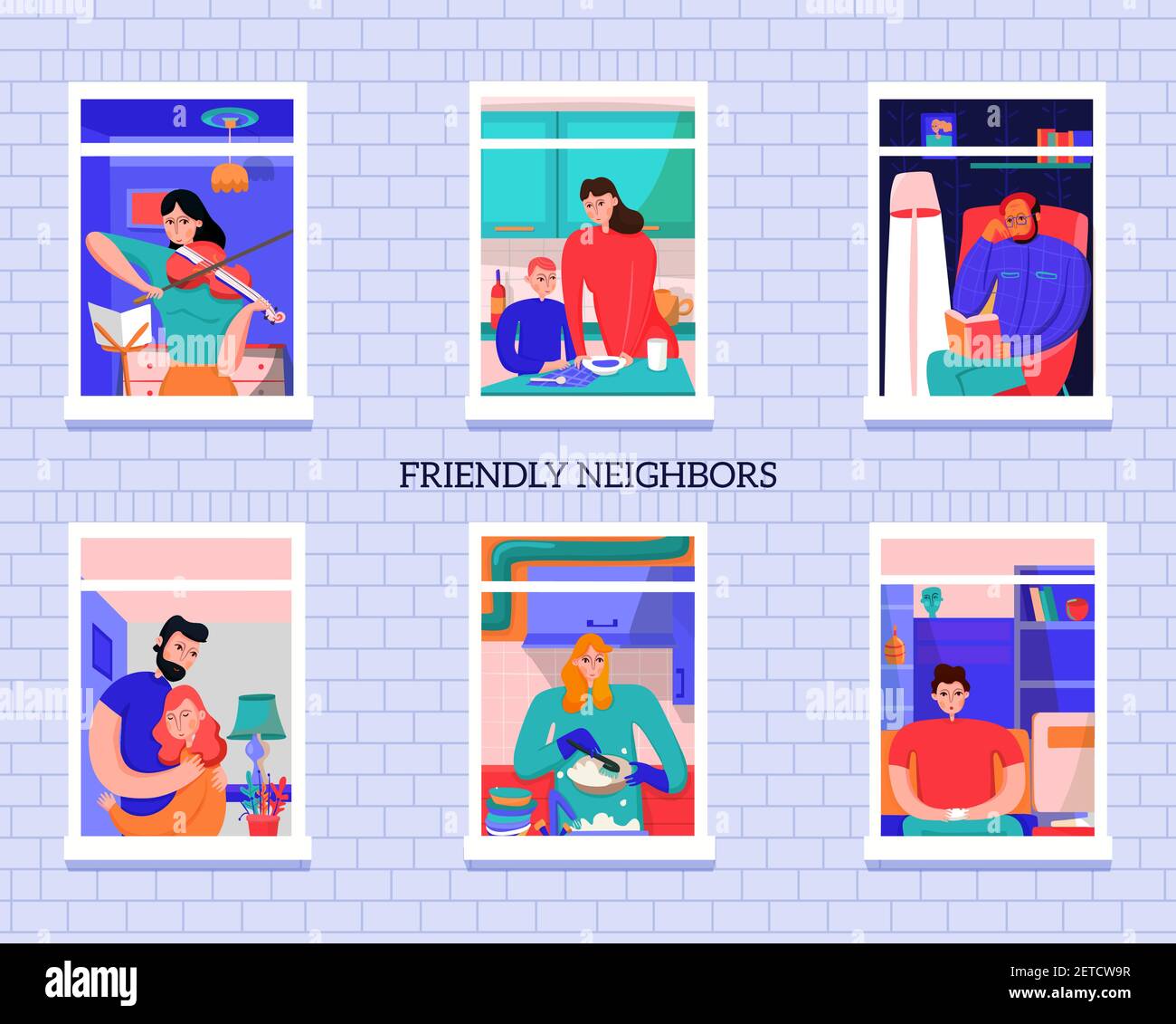 Friendly neighbors during various activity in windows of home on gray ...