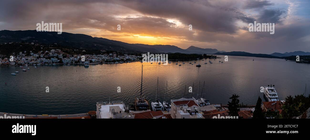 A beautiful panoramic view of the Poros island in Greece on background ...