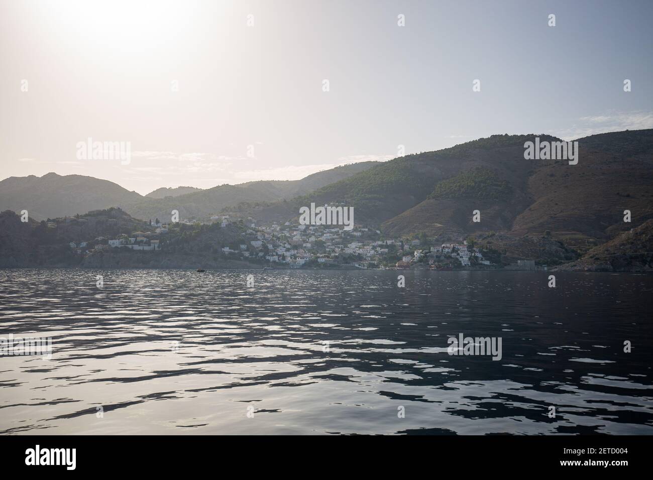 A beautiful shot of Hydra island village in Greece on background of the ...