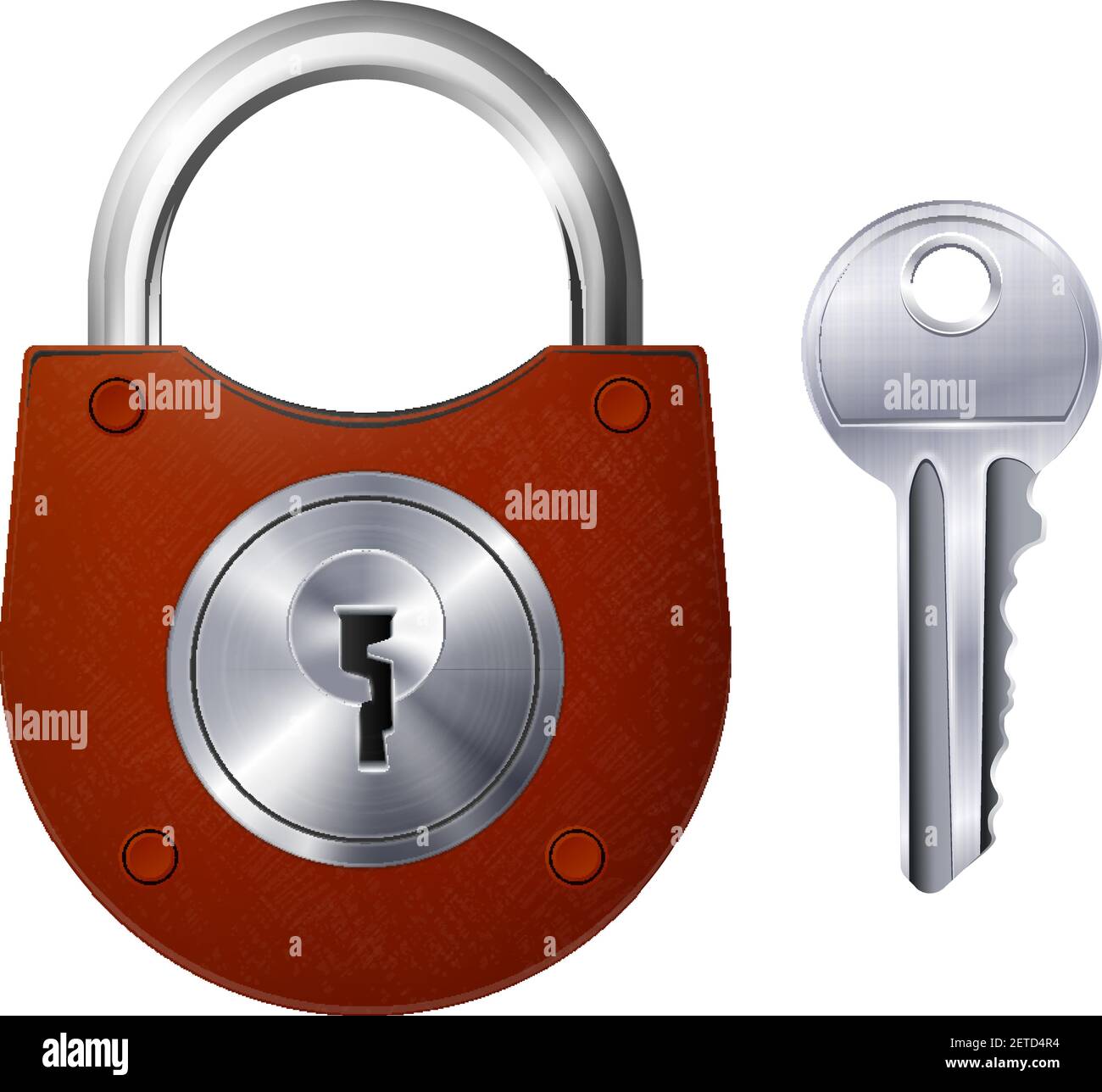 New red padlock and metallic key isolated decorative icons on white ...