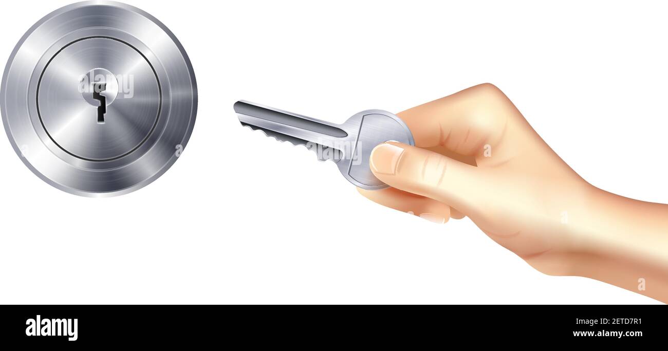 Lock and key realistic design concept with metallic door keyhole and ...