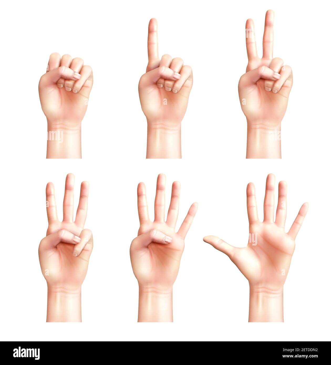 Six gestures of realistic people hands with fingers counting from zero to five isolated vector ...