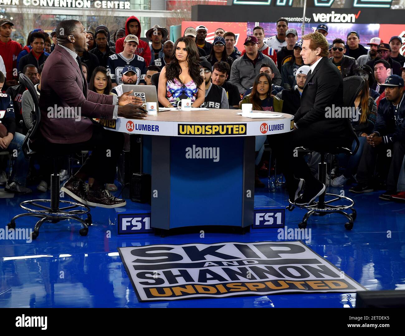 HOUSTON, TX - FEBRUARY 3: Shannon Sharpe, Joy Taylor, and Skip Bayless ...