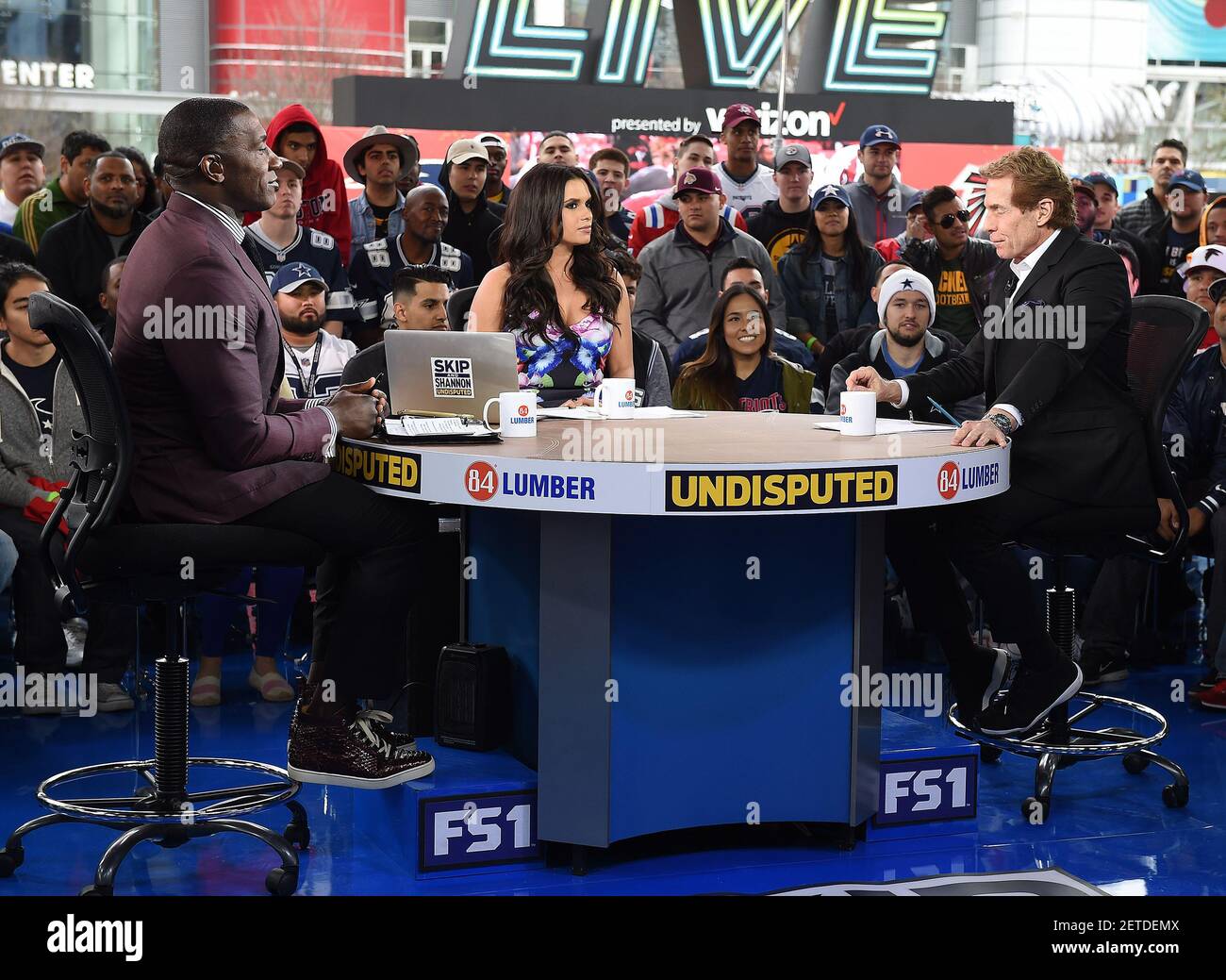 HOUSTON, TX - FEBRUARY 3: Shannon Sharpe, Joy Taylor, and Skip Bayless ...