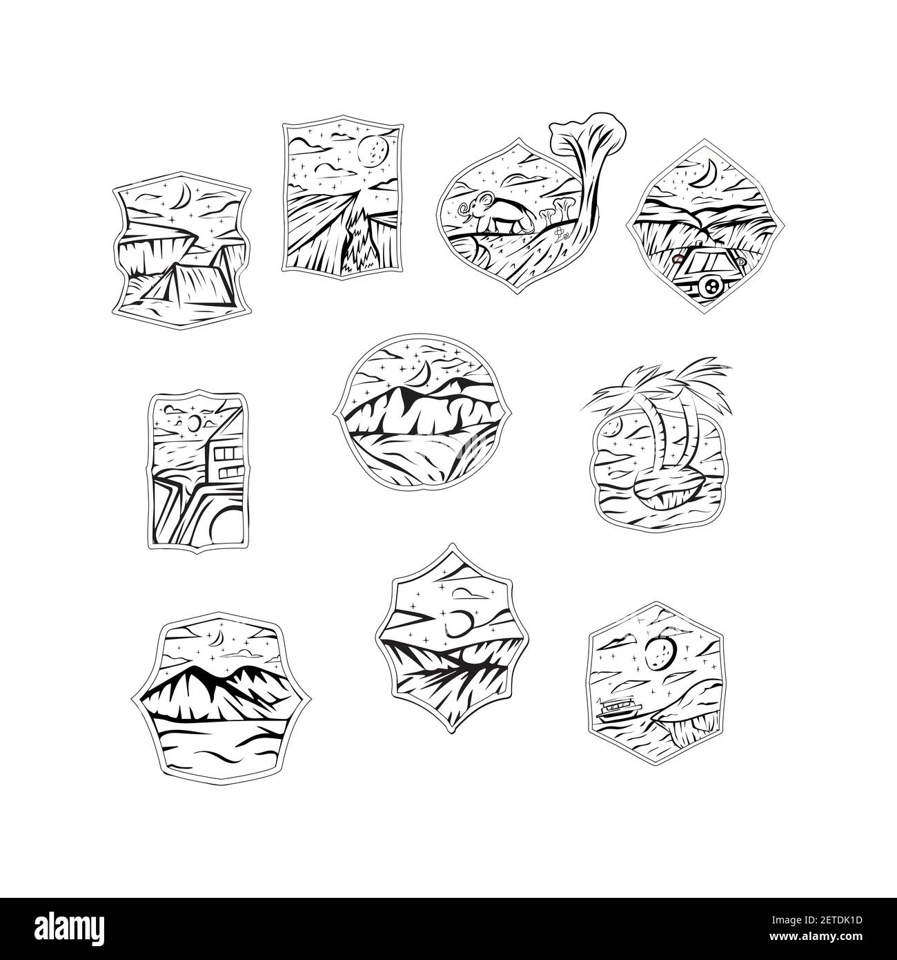 Starry night set badge vector. Starry view with mountain illustration ...