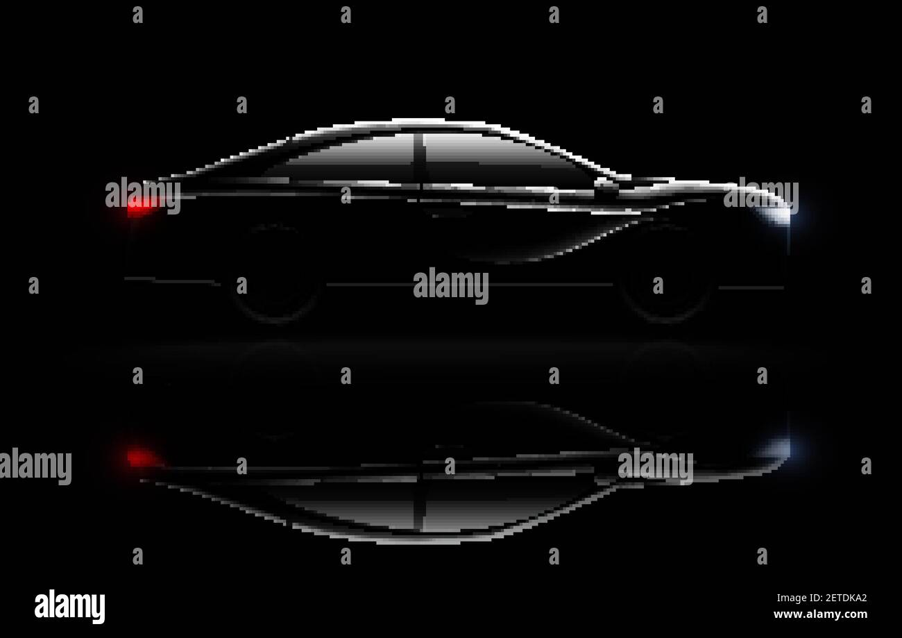 Lightened luxury sedan car in darkness with headlamps and rear lights ...