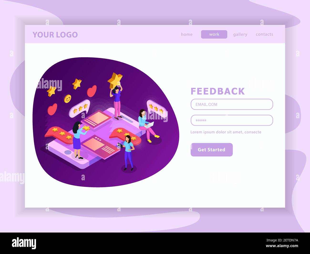 CRM system feed back isometric landing web page with user account and ...