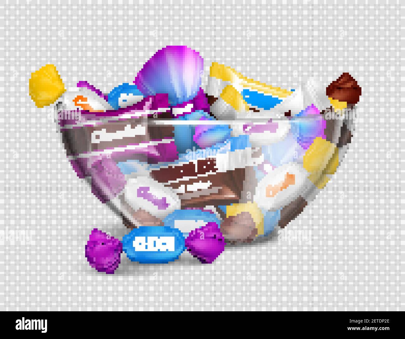 Assorted chocolate candies in foil wrappings in glass bowl realistic ...