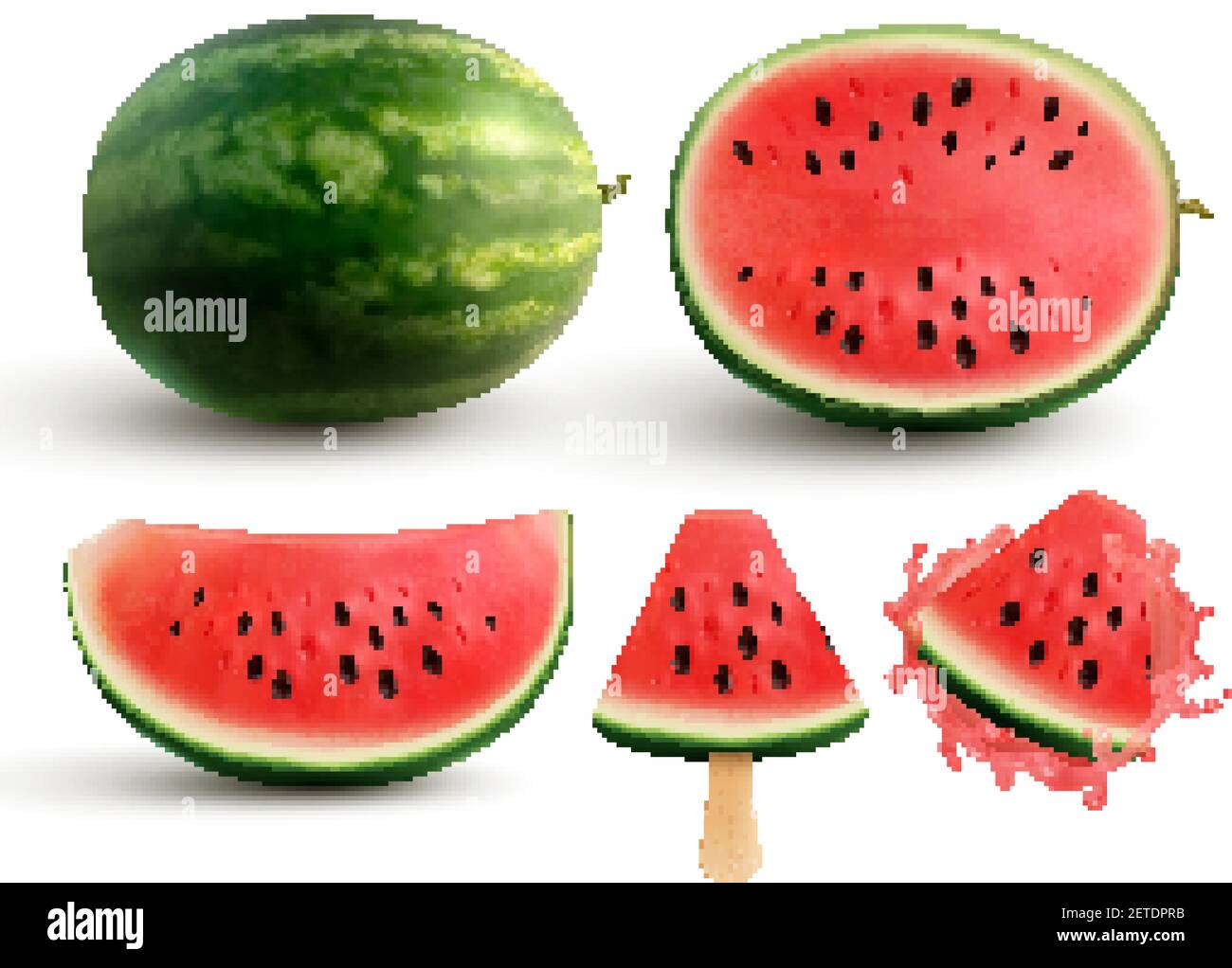 Ripe juicy watermelon whole half quarter segment and bite sized pieces ...