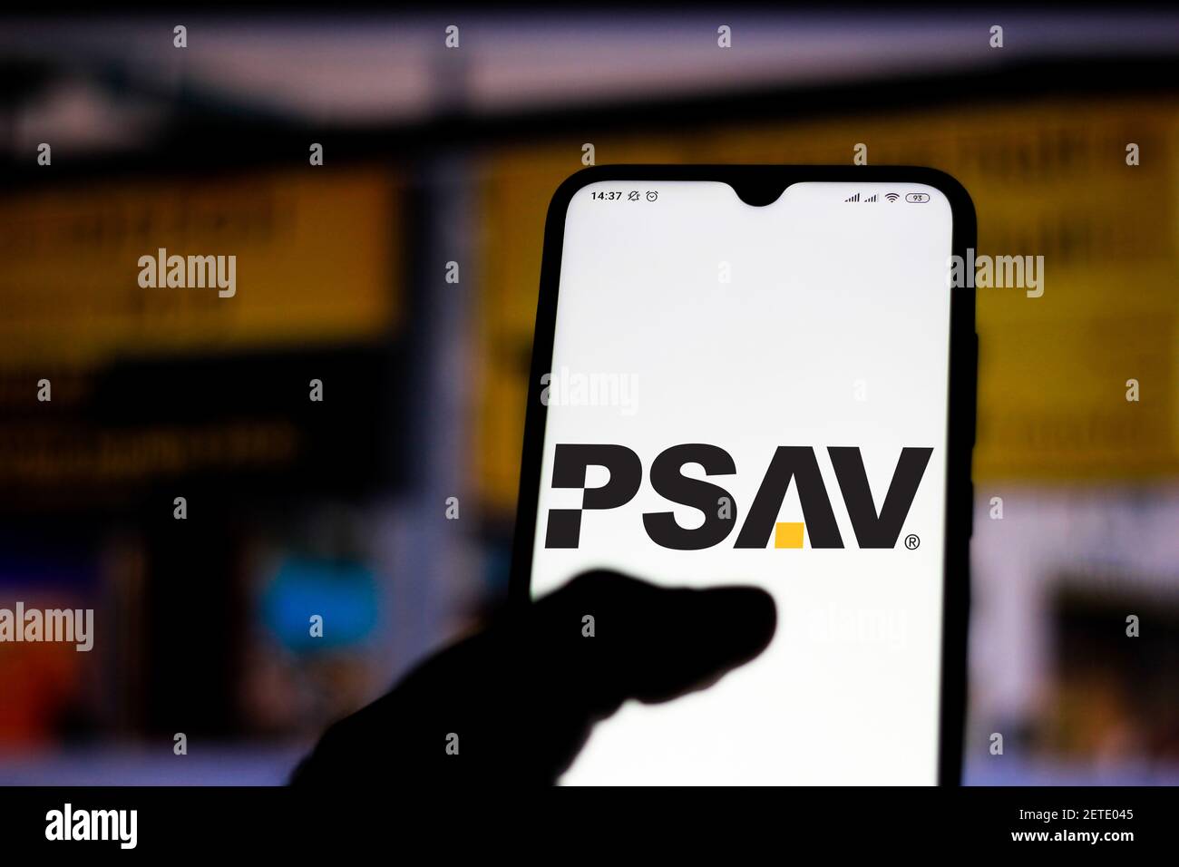In this photo illustration the PSAV logo seen displayed on a smartphone ...