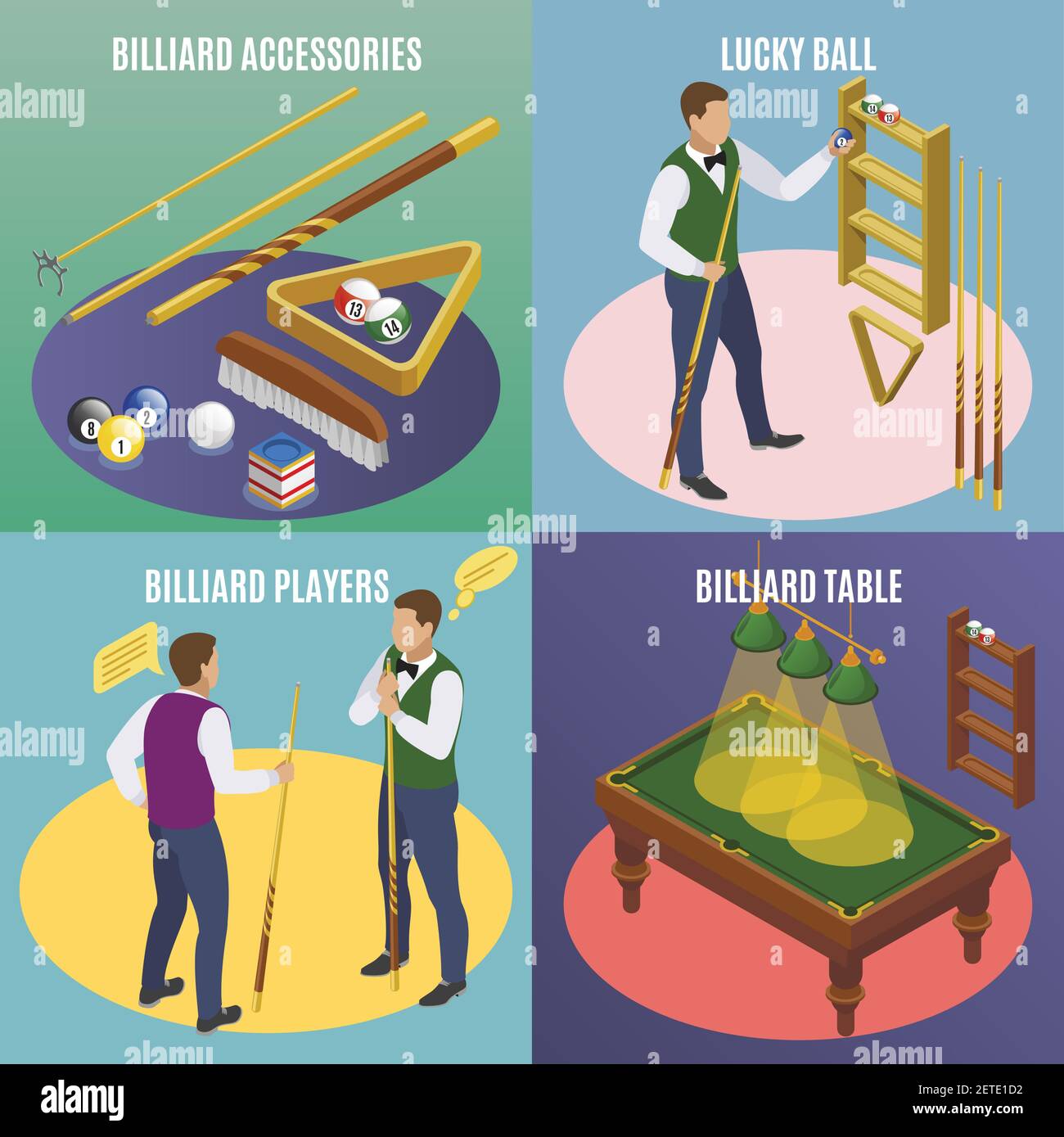 Billiards isometric 2x2 design concept with editable text and images of ...