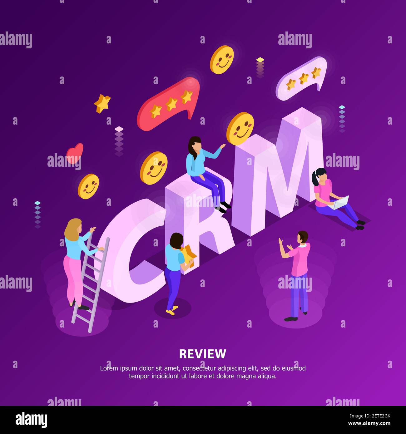 CRM customer review with ranking and loyalty elements on purple ...