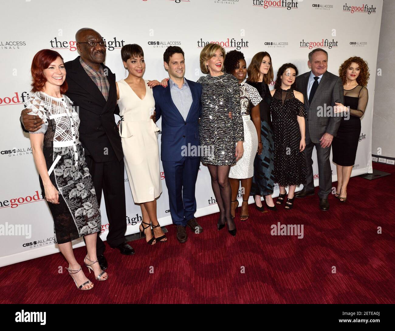 Cast members L-R: Carrie Preston, Delroy Lindo, Cush Jumbo, Justin ...