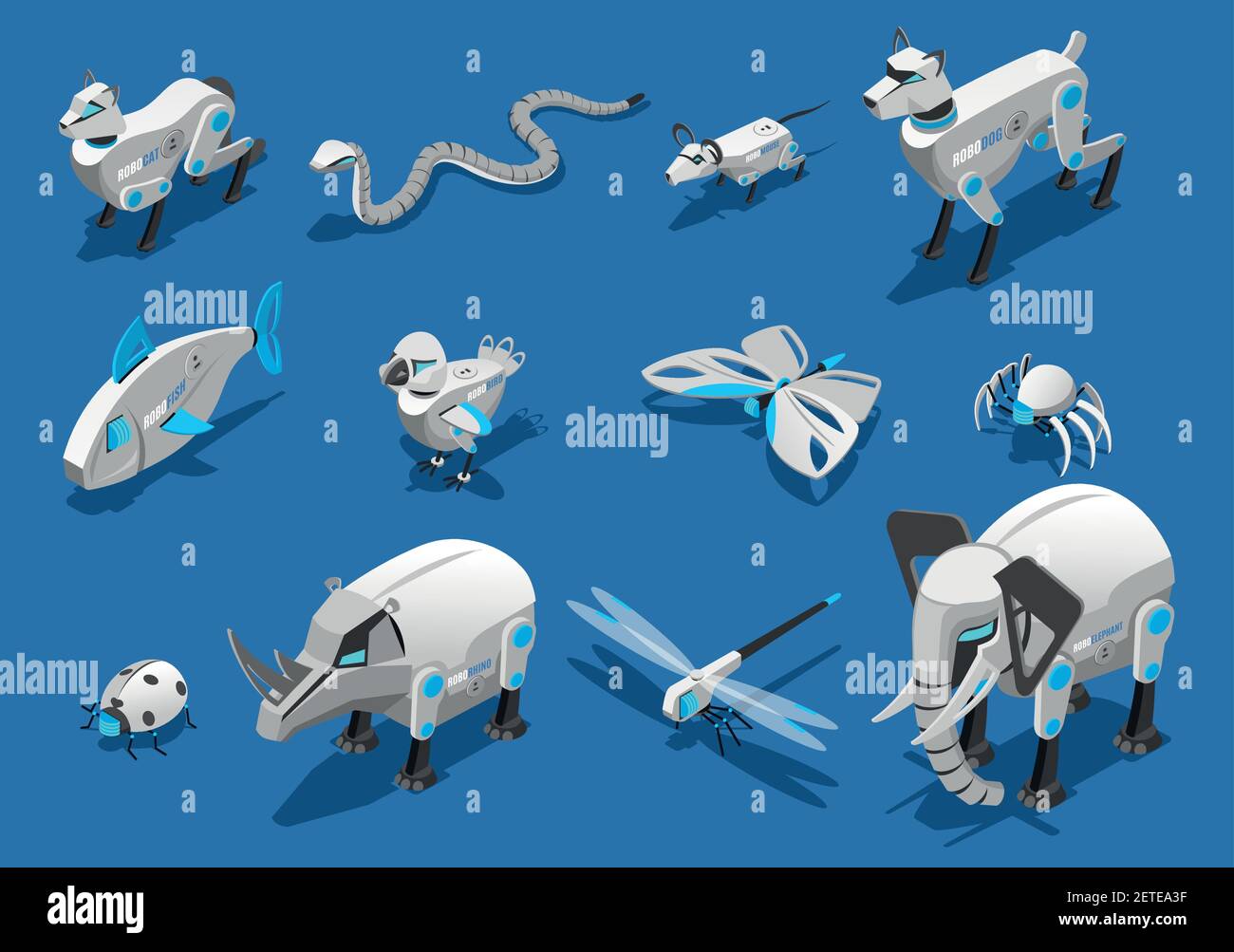 Animal robots isometric icons set with pets companions automated birds ...
