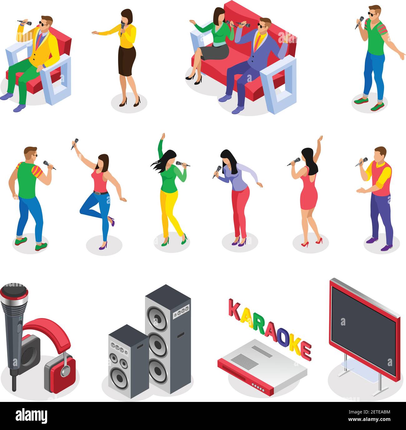 Karaoke isometric icons collection of isolated images with party people ...