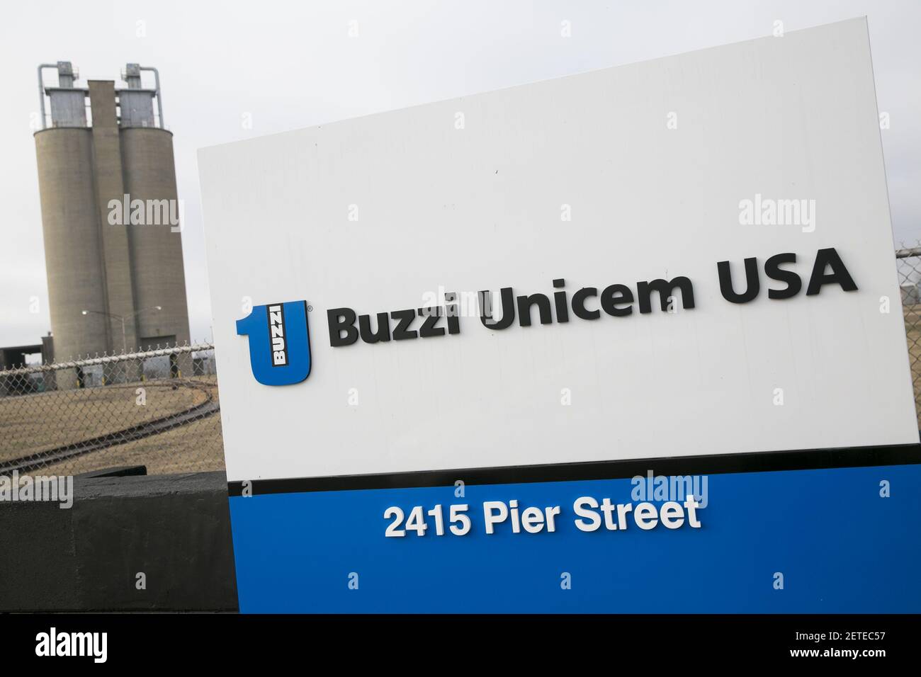A logo sign outside of a facility occupied by Buzzi Unicem USA in Memphis, Tennessee on February ...