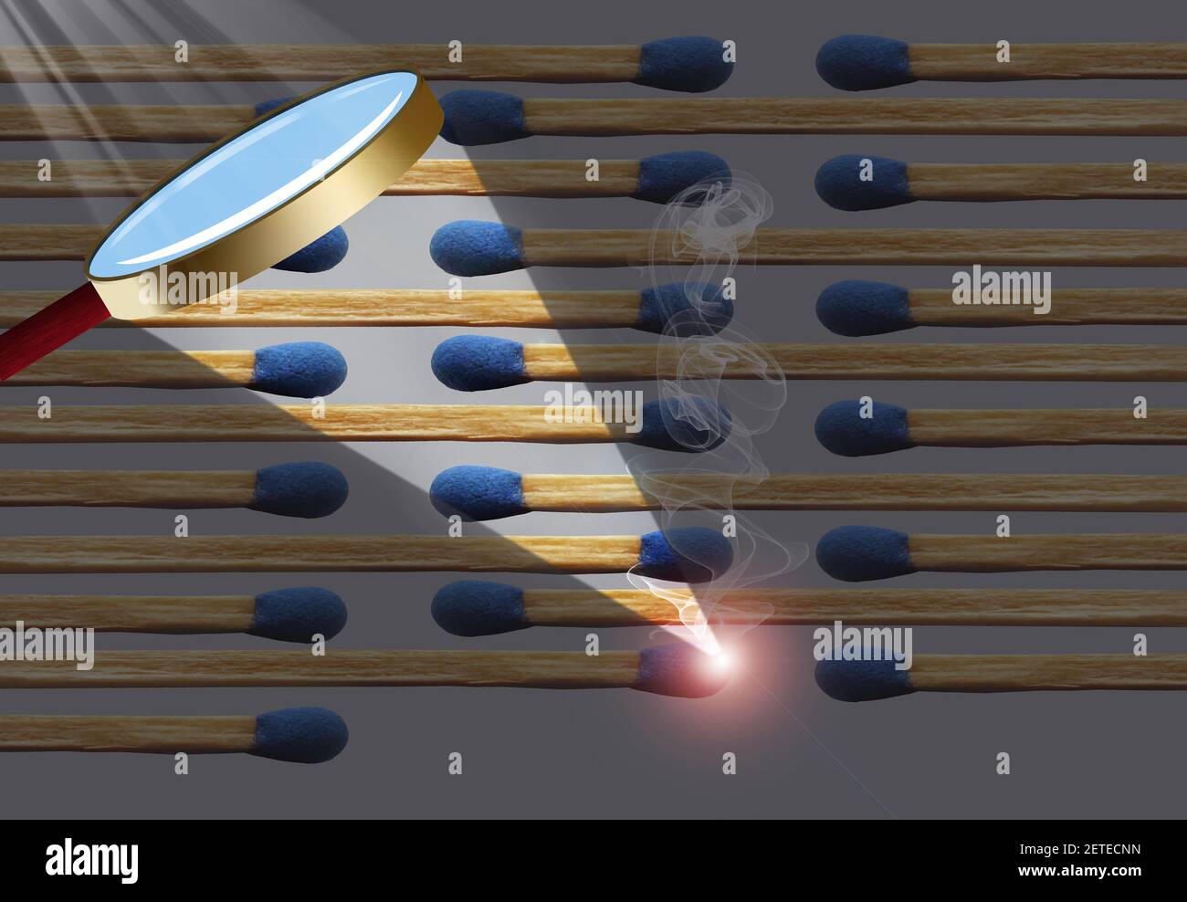 Wooden matches are lined up and a match is about to start all the ...