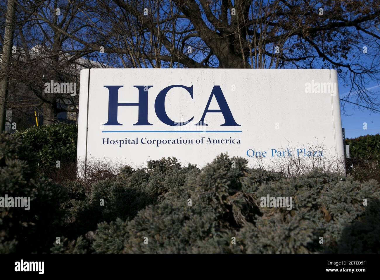 A logo sign outside of the headquarters of the Hospital Corporation of ...