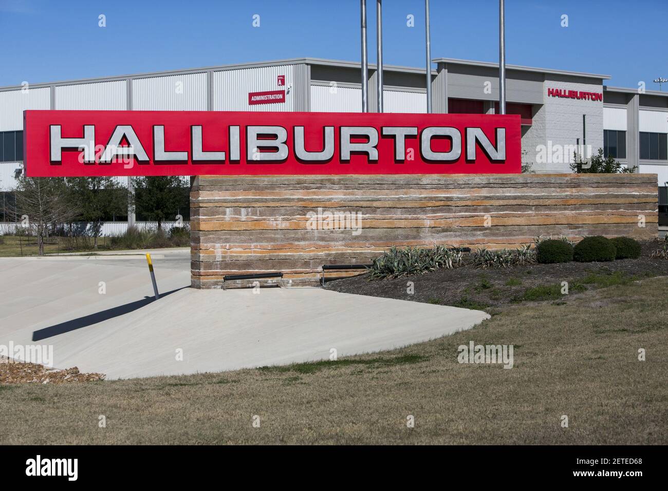 A logo sign outside of a facility occupied by Halliburton in Elmendorf ...