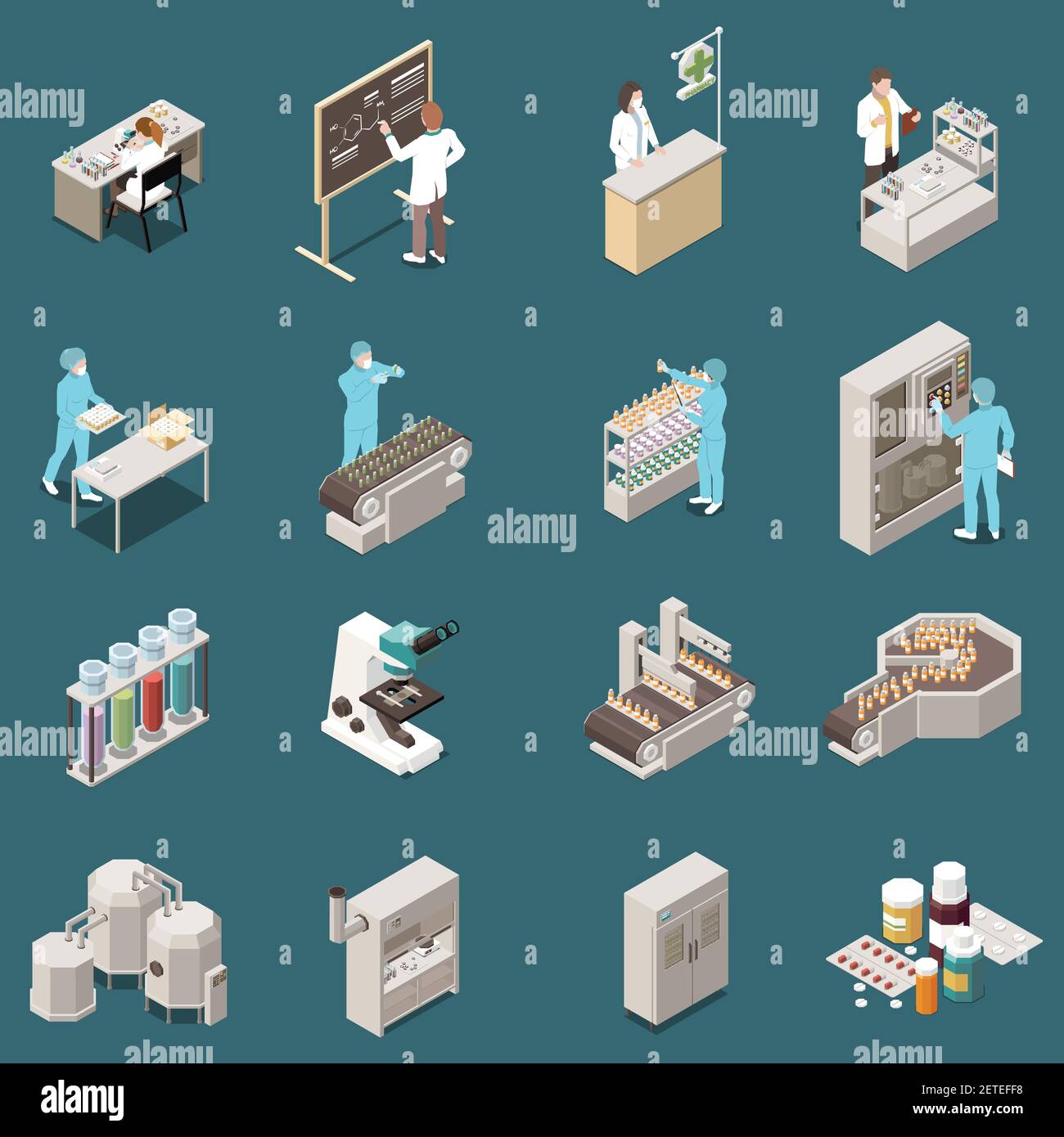 Pharmaceutical production isometric icon set with scientist at work and ...
