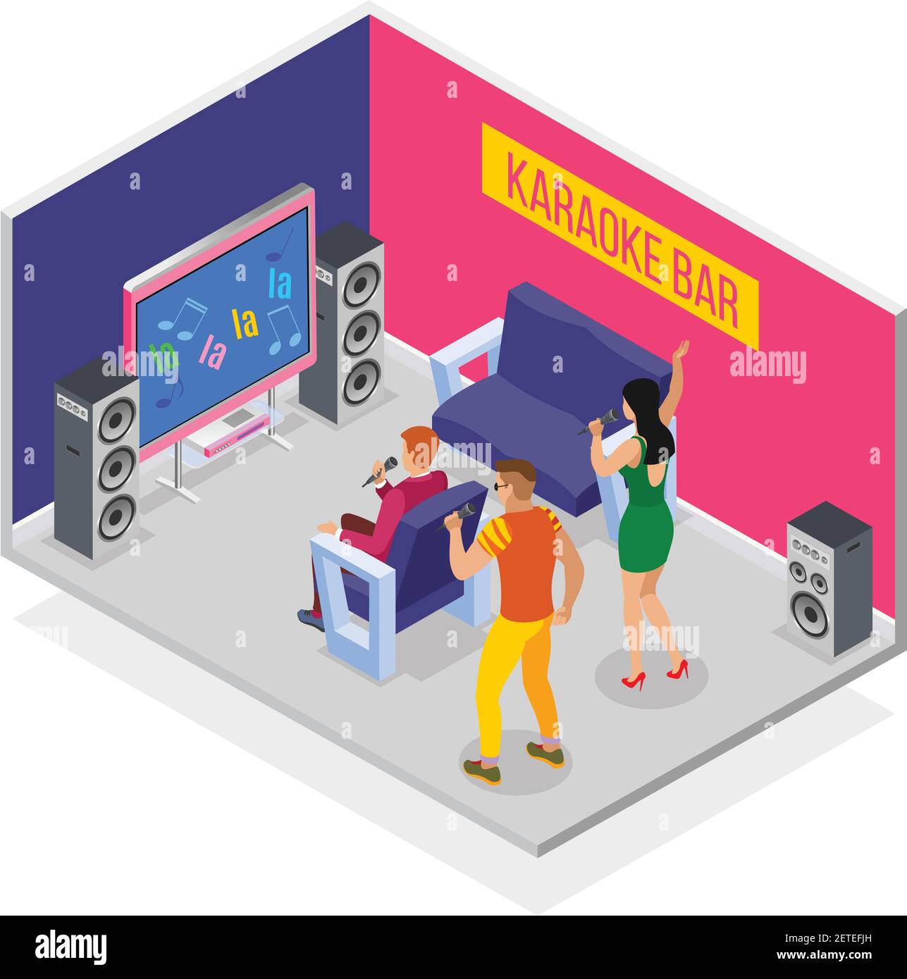 Karaoke isometric background with group of human characters having ...