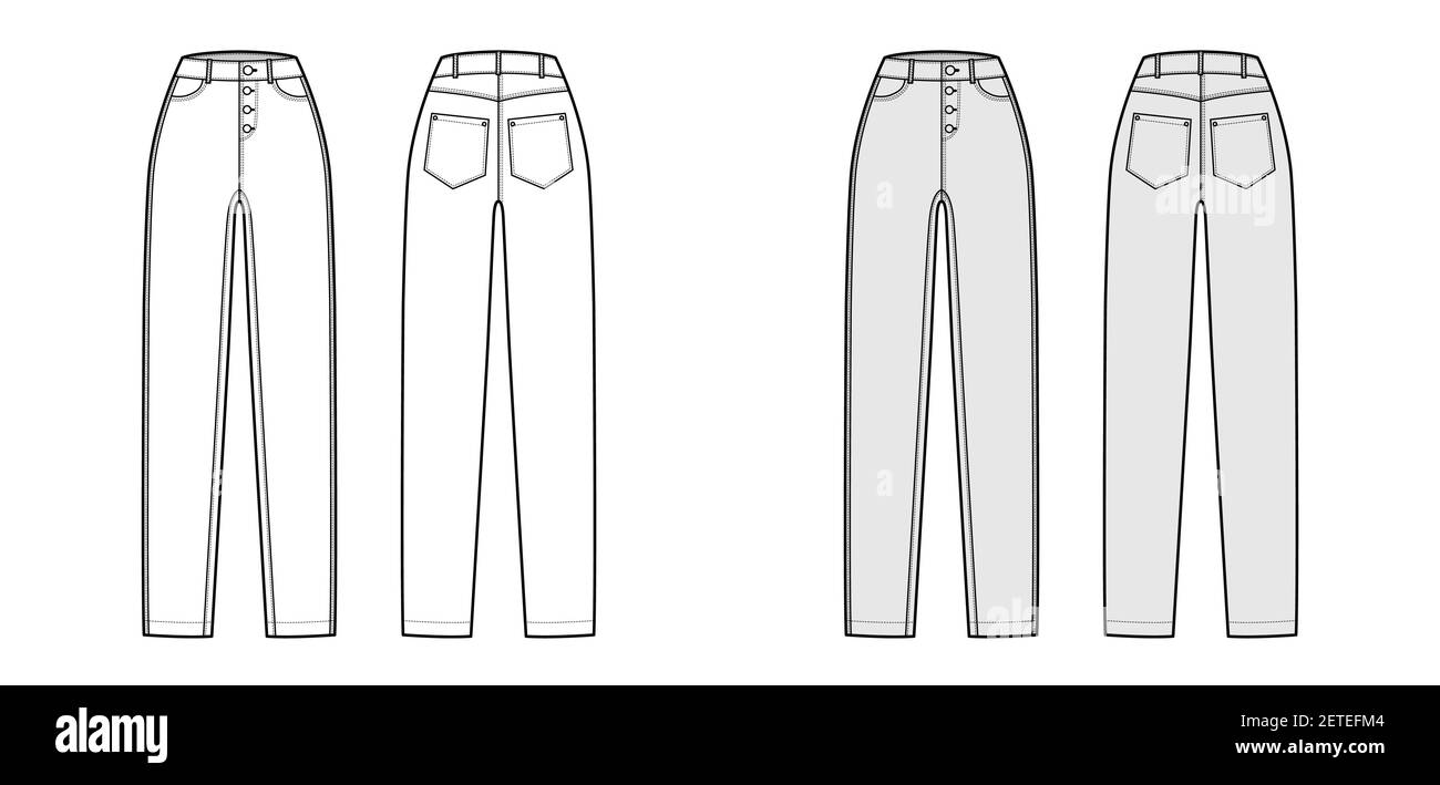 Jeans botton fly tapered Denim pants technical fashion illustration ...