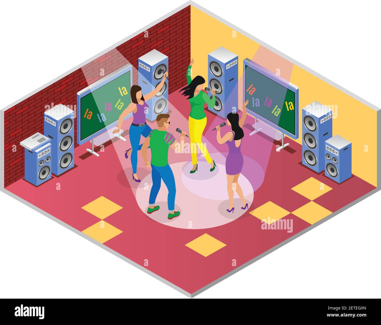 Karaoke isometric composition with party room interior illustration tv ...