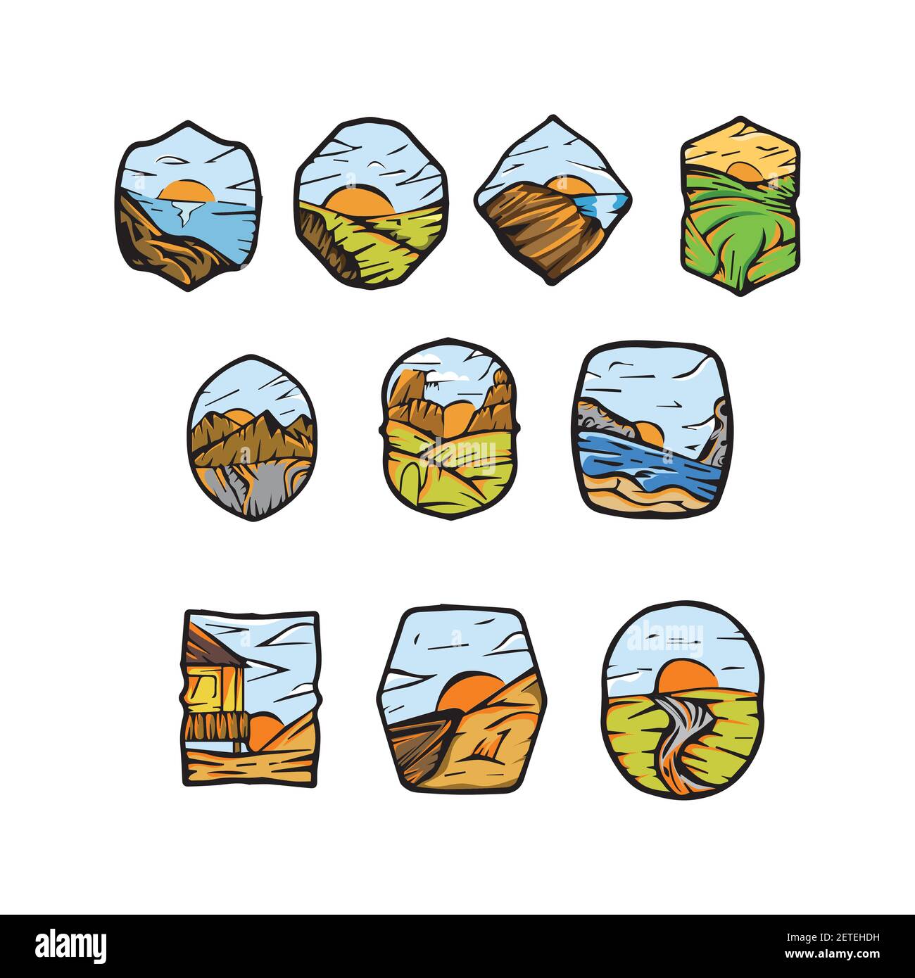 Sunset set sticker vector. Sunset view with house and mountain ...