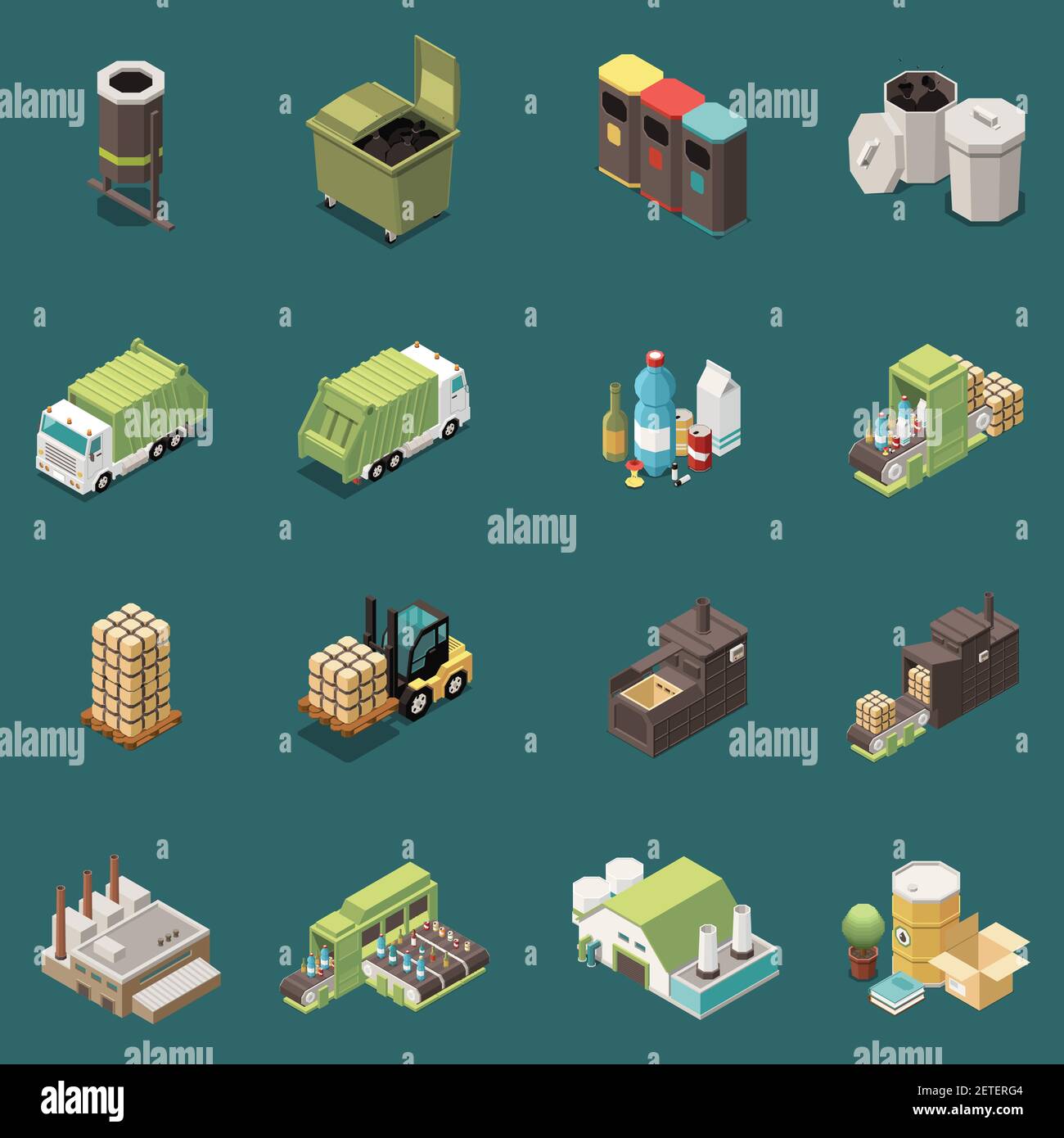 Isolated isometric garbage recycling icon set with separate recycle bag ...