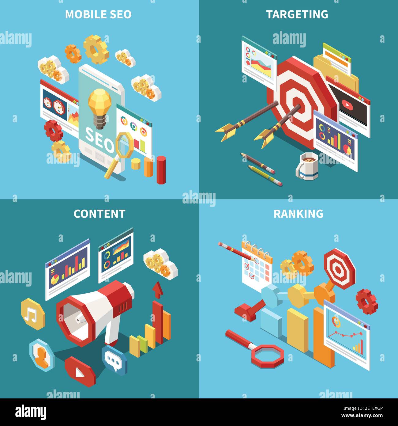 Isometric web SEO icon set with mobile seo targeting content and ...