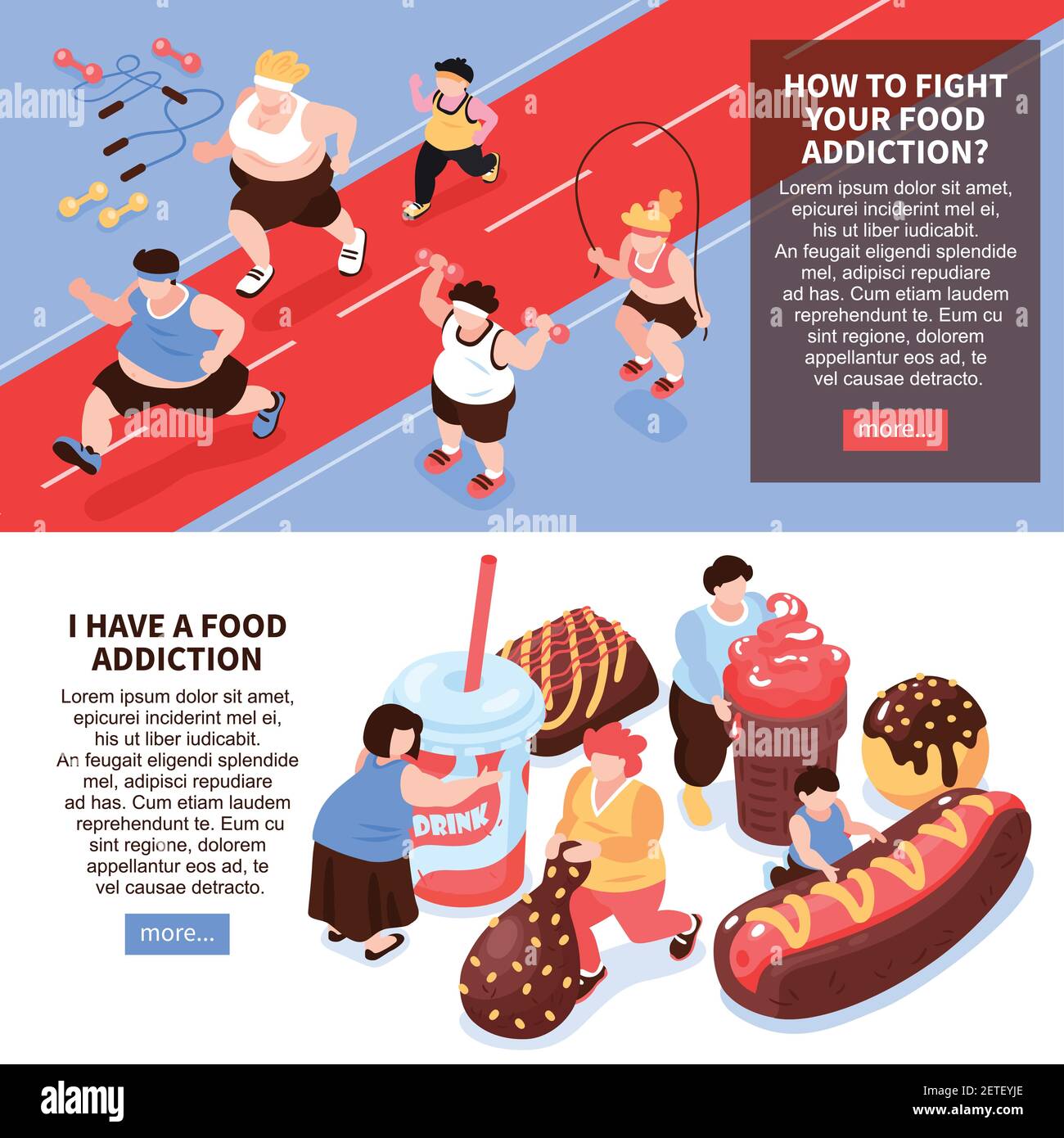 Set of two horizontal isometric overeating gluttony composition with ...