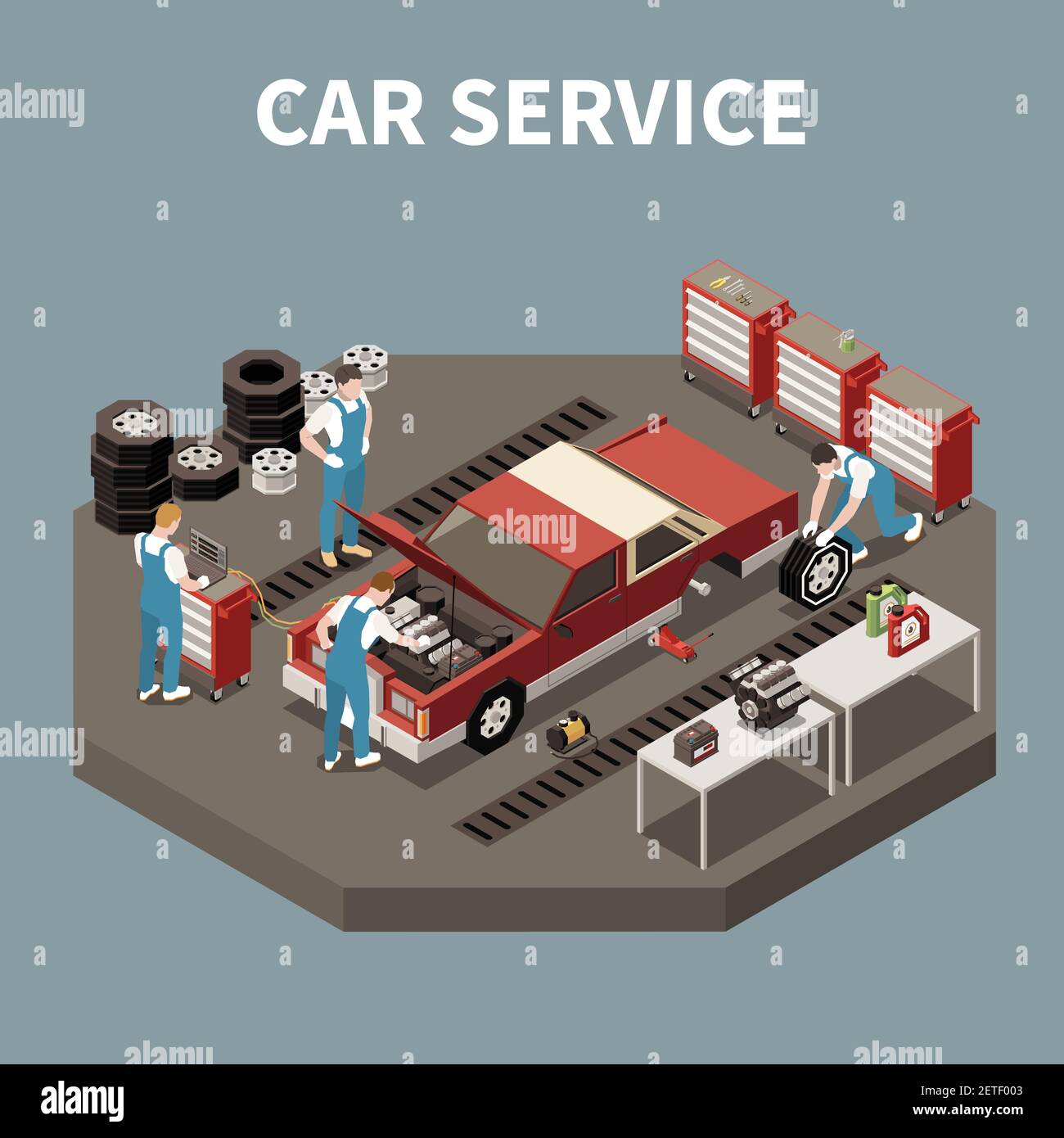Isometric and isolated car service composition with two workers and car ...