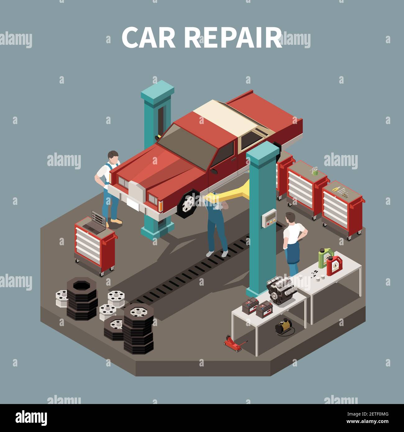Isometric and isolated car service concept with car repair description ...
