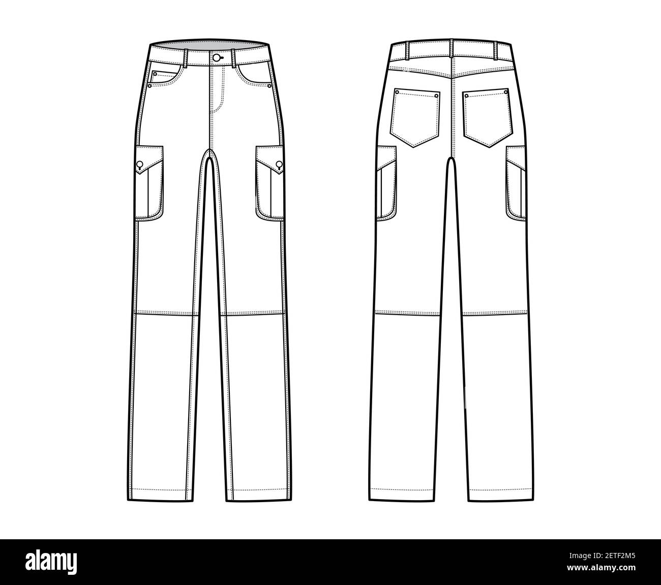 Set of Jeans cargo Denim pants technical fashion illustration with low ...
