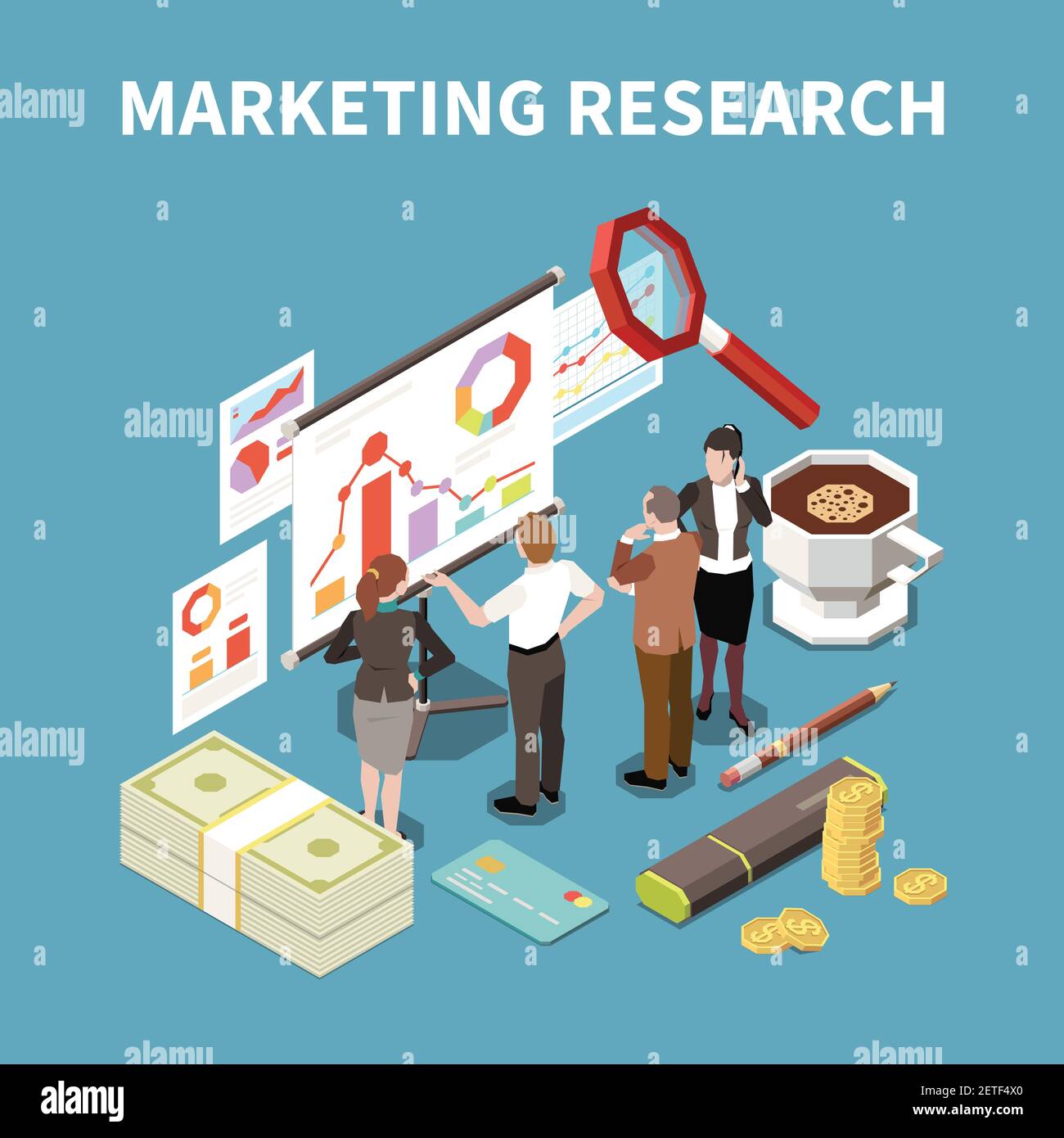 Colored 3d business strategy composition with marketing research ...